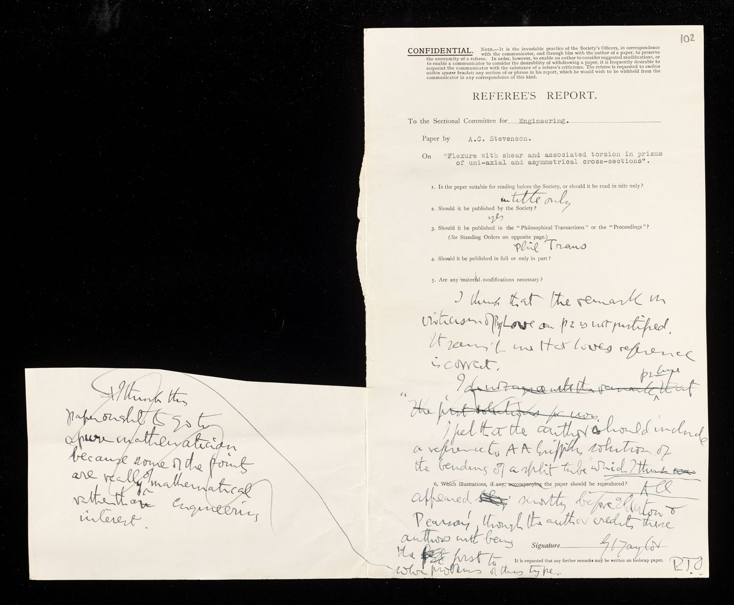Referee's report by Geoffrey Ingram Taylor, on a paper 'Flexure with ...