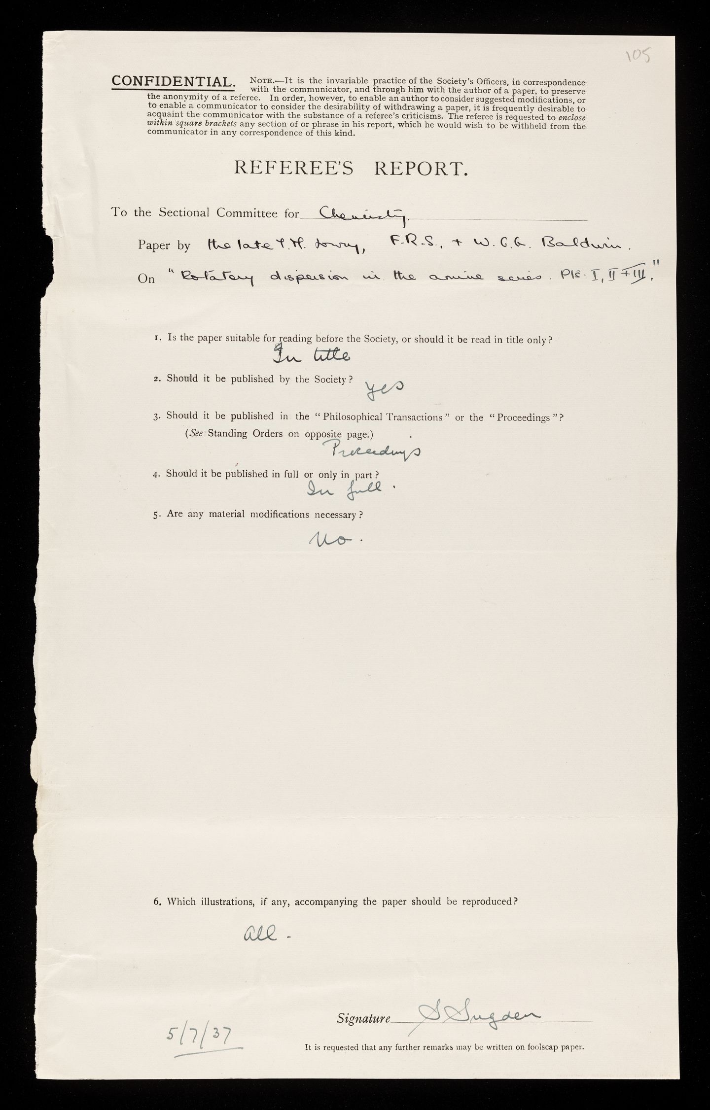 Referee's report by Samuel Sugden, on three papers 'Rotatory dispersion in the amine series I ...
