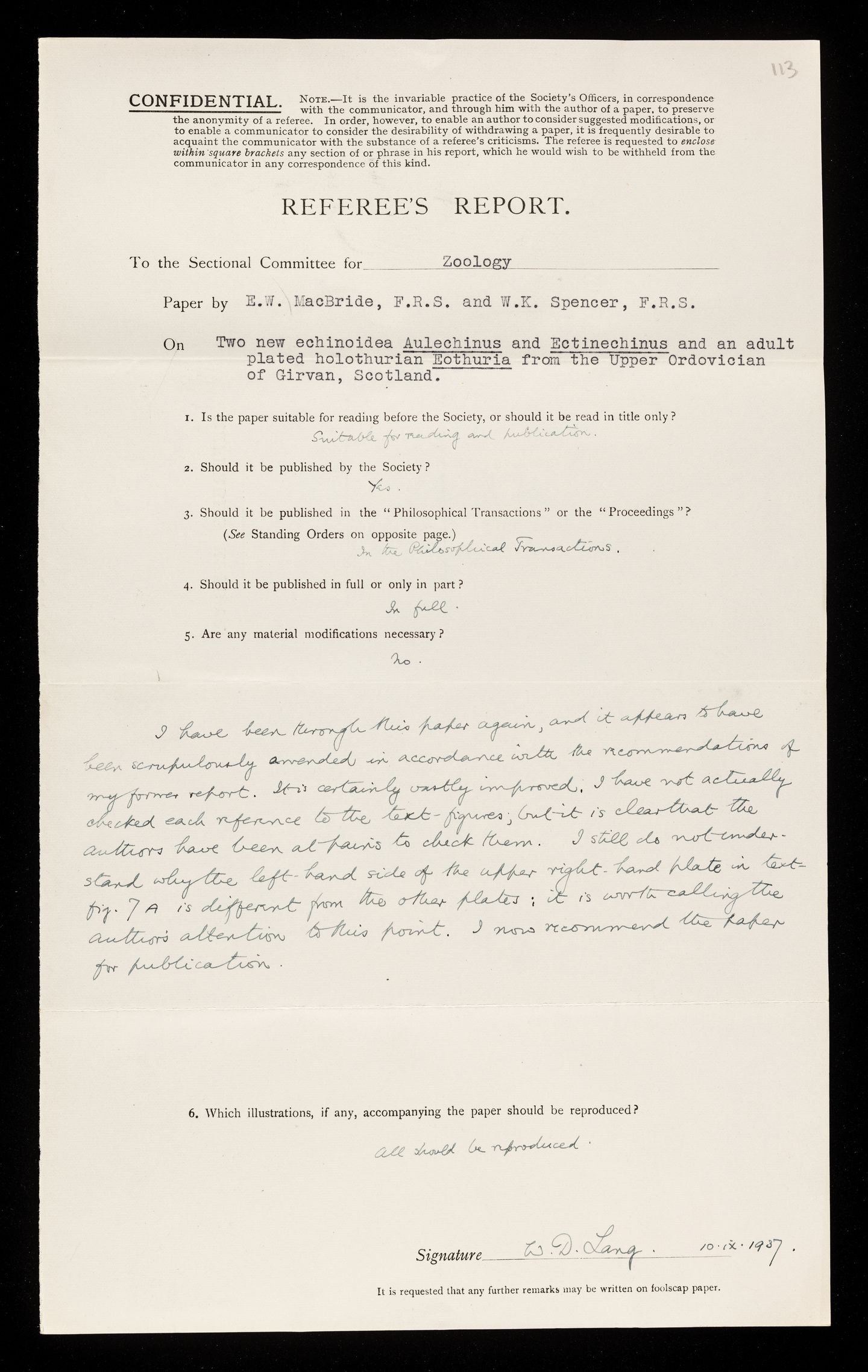 Referee's report by William Dickson Lang, on a paper 'Two new ...
