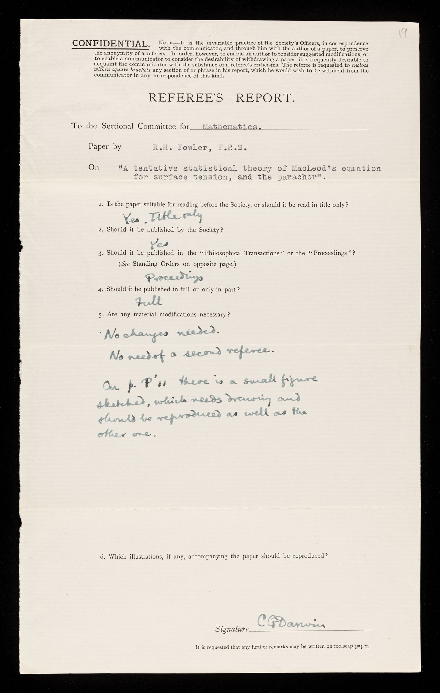 Referee's report by Charles Galton Darwin, on a paper 'A tentative statistical theory of Macleod ...