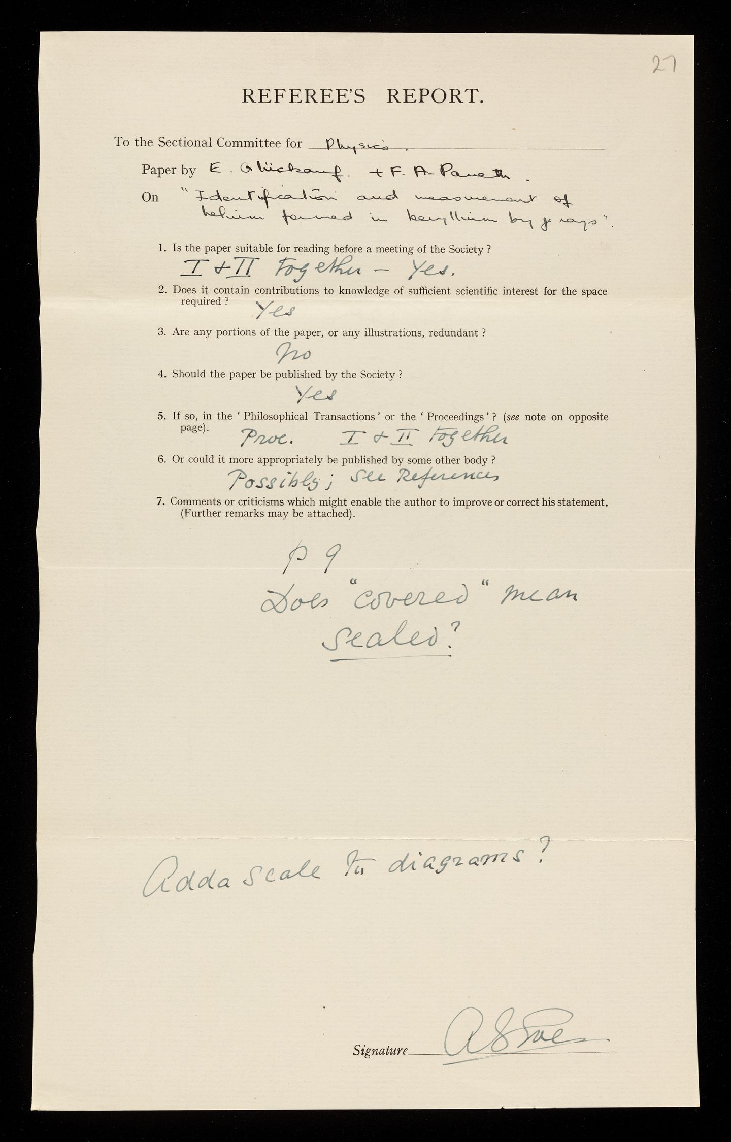 Referee's report by Arthur Stewart Eve, on a paper 'Identification and ...