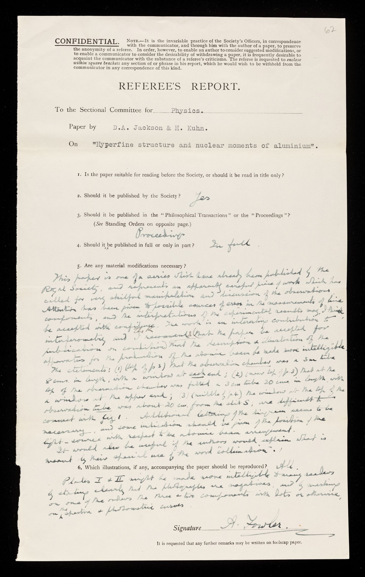 Referee's report by Alfred Fowler, on a paper 'Hyperfine structure and nuclear moments of ...