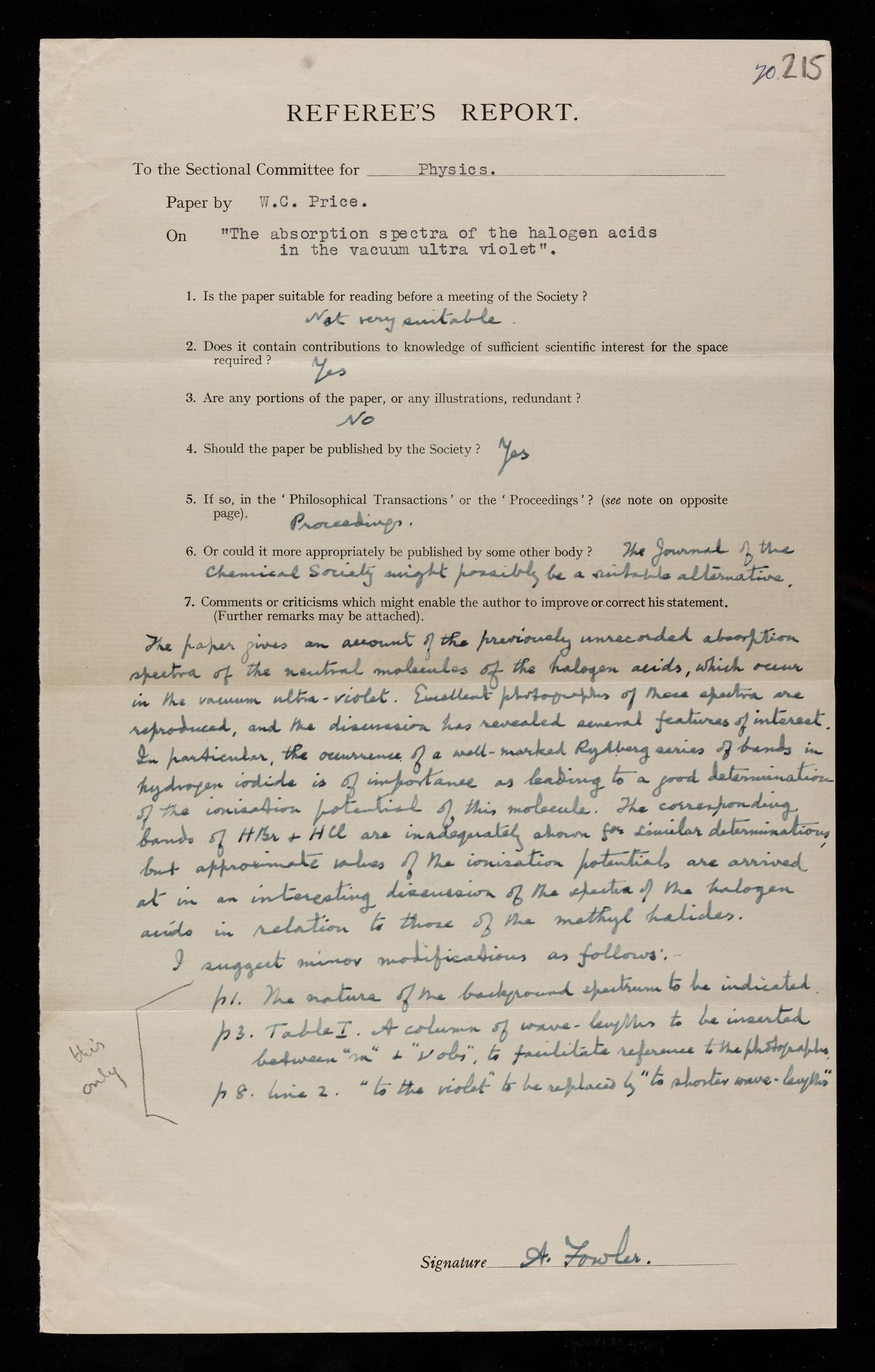 Referee's report by Alfred Fowler, on a paper 'The absorption spectra ...