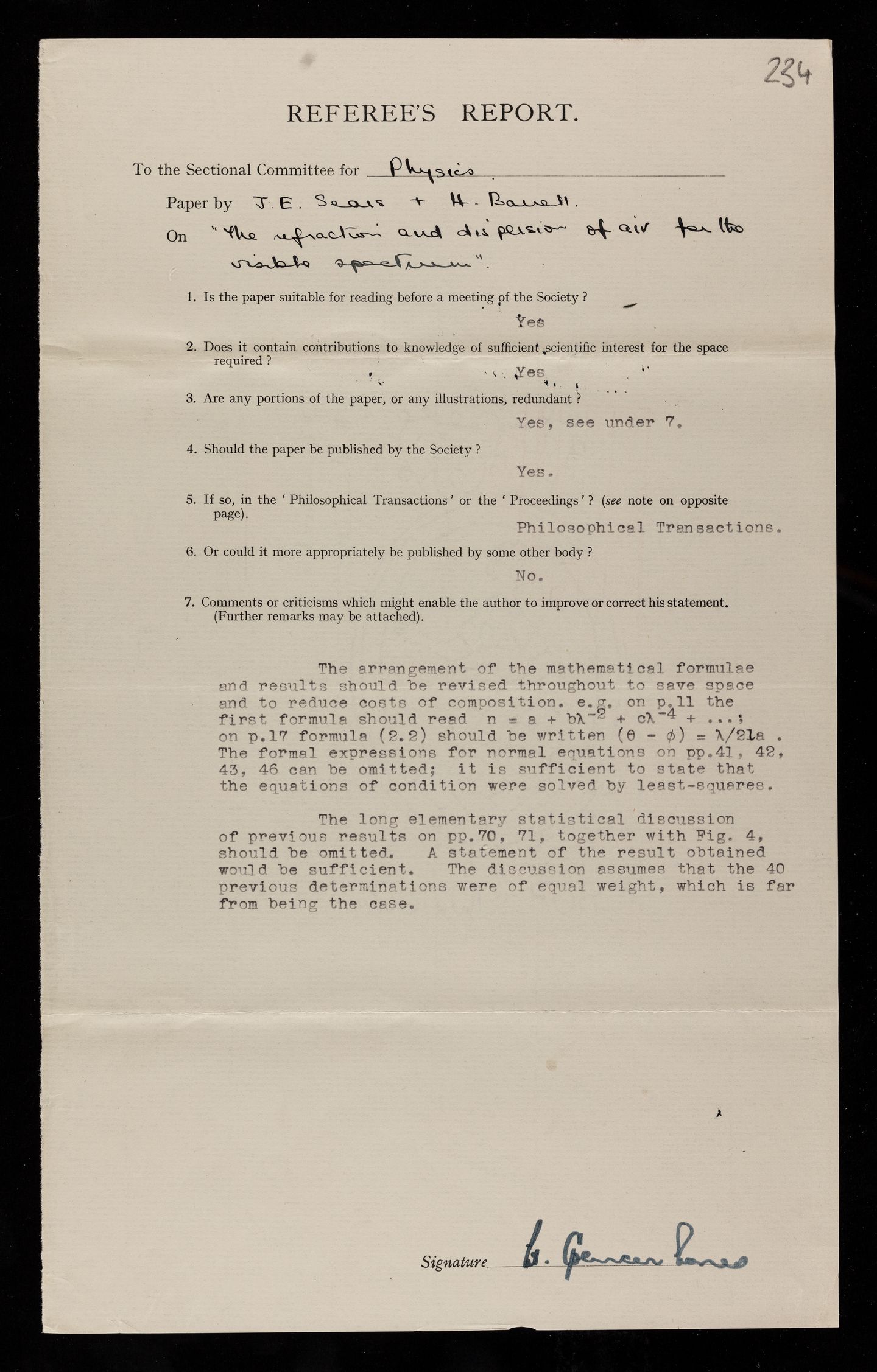 Referee's report by Harold Spencer Jones, on a paper 'The refraction and dispersion of air and ...