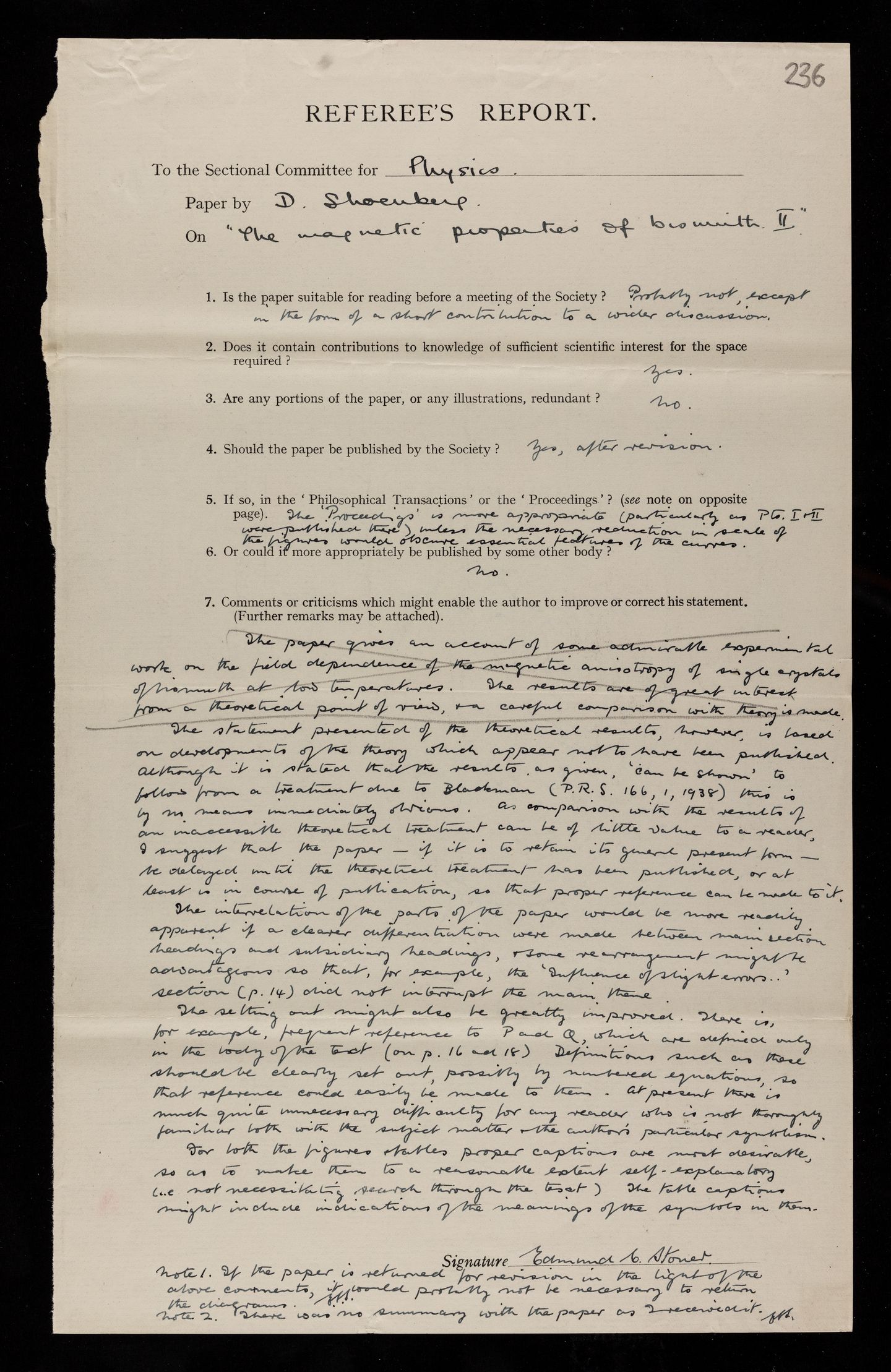 Referee's report by Edmund Clifton Stoner, on a paper 'The magnetic properties of bismuth, III ...