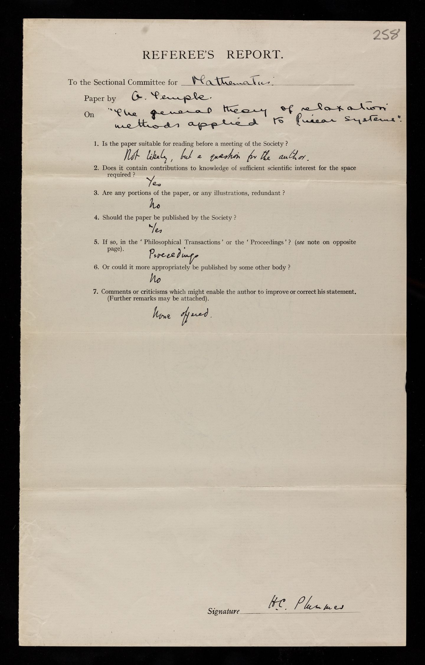 Referee's report by Henry Crozier Keating Plummer, on a paper 'The ...
