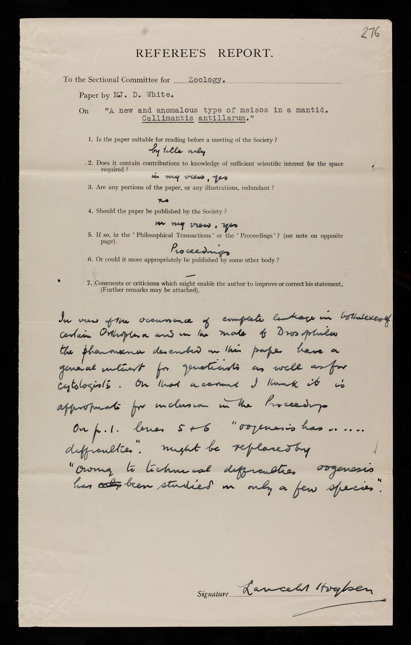 Referee's report by Lancelot Thomas Hogben, on a paper 'A new and ...