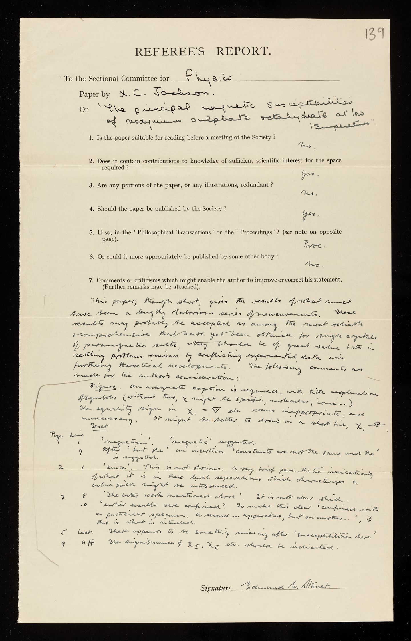 Referee's report by Edmund Clifton Stoner, on a paper 'The principal magnetic susceptibilities ...