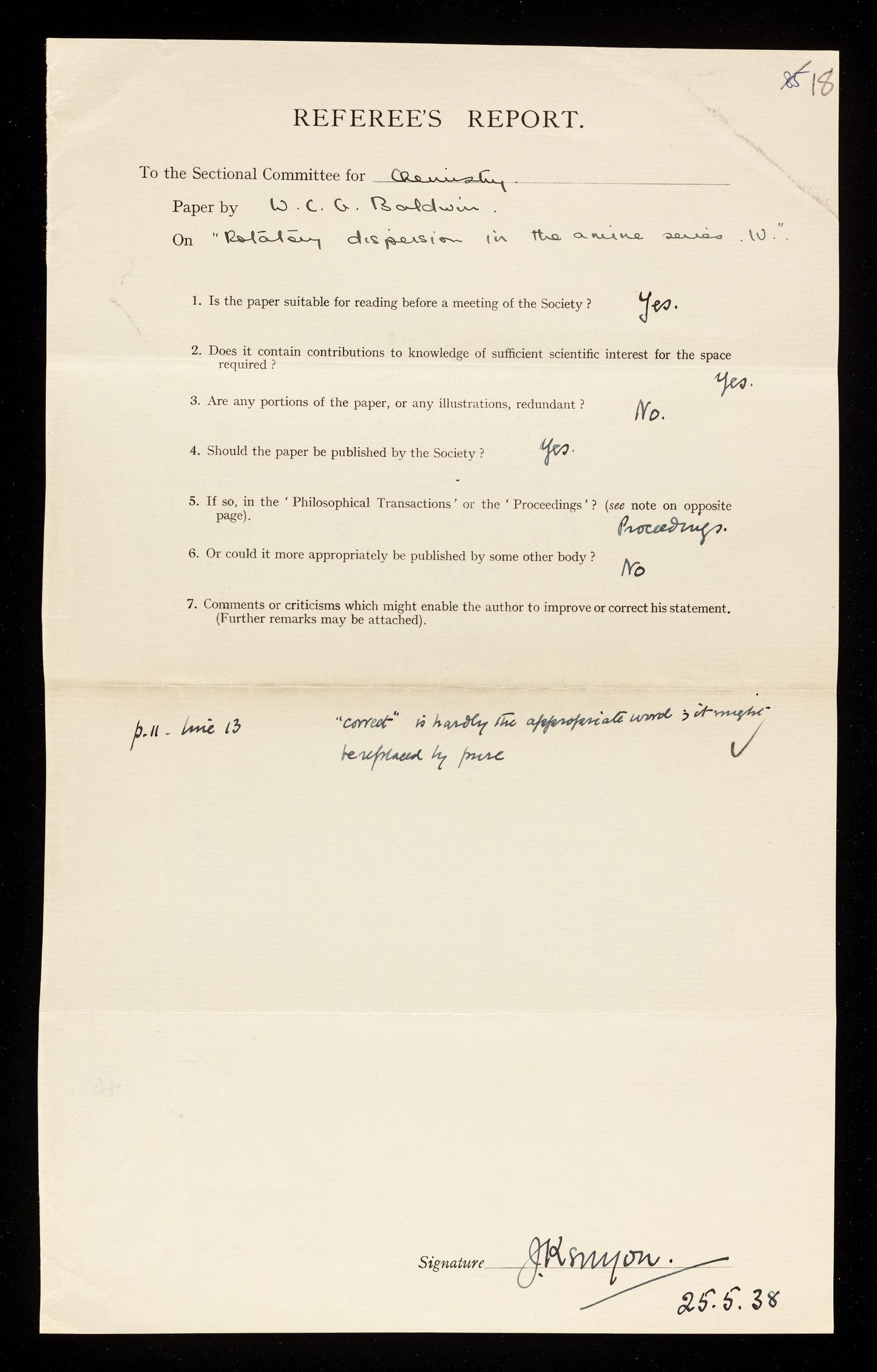 Referee's report by Joseph Kenyon, on a paper 'Rotatory dispersion in ...