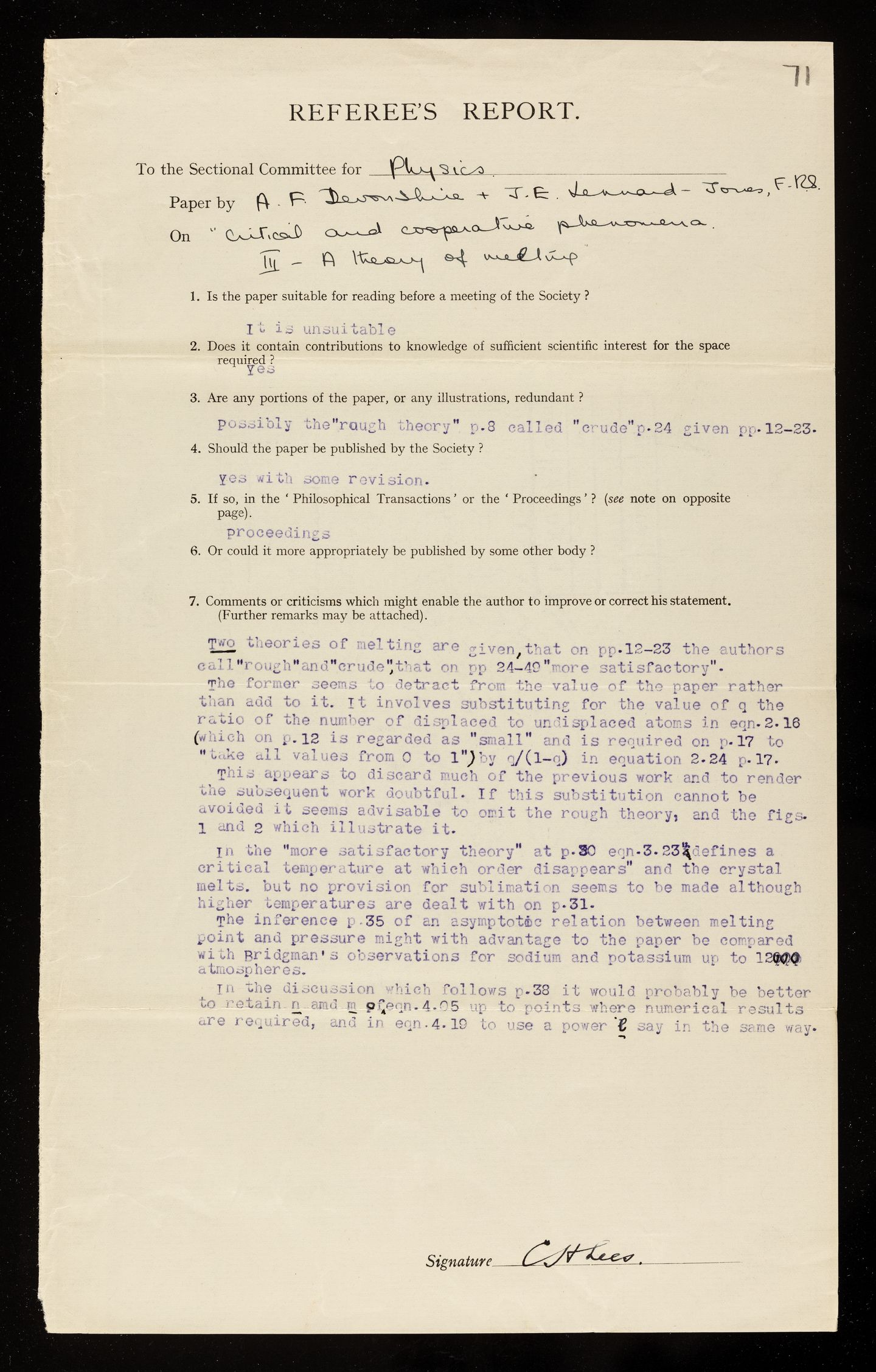 Referee's report by Charles Herbert Lees, on a paper 'Critical and co ...