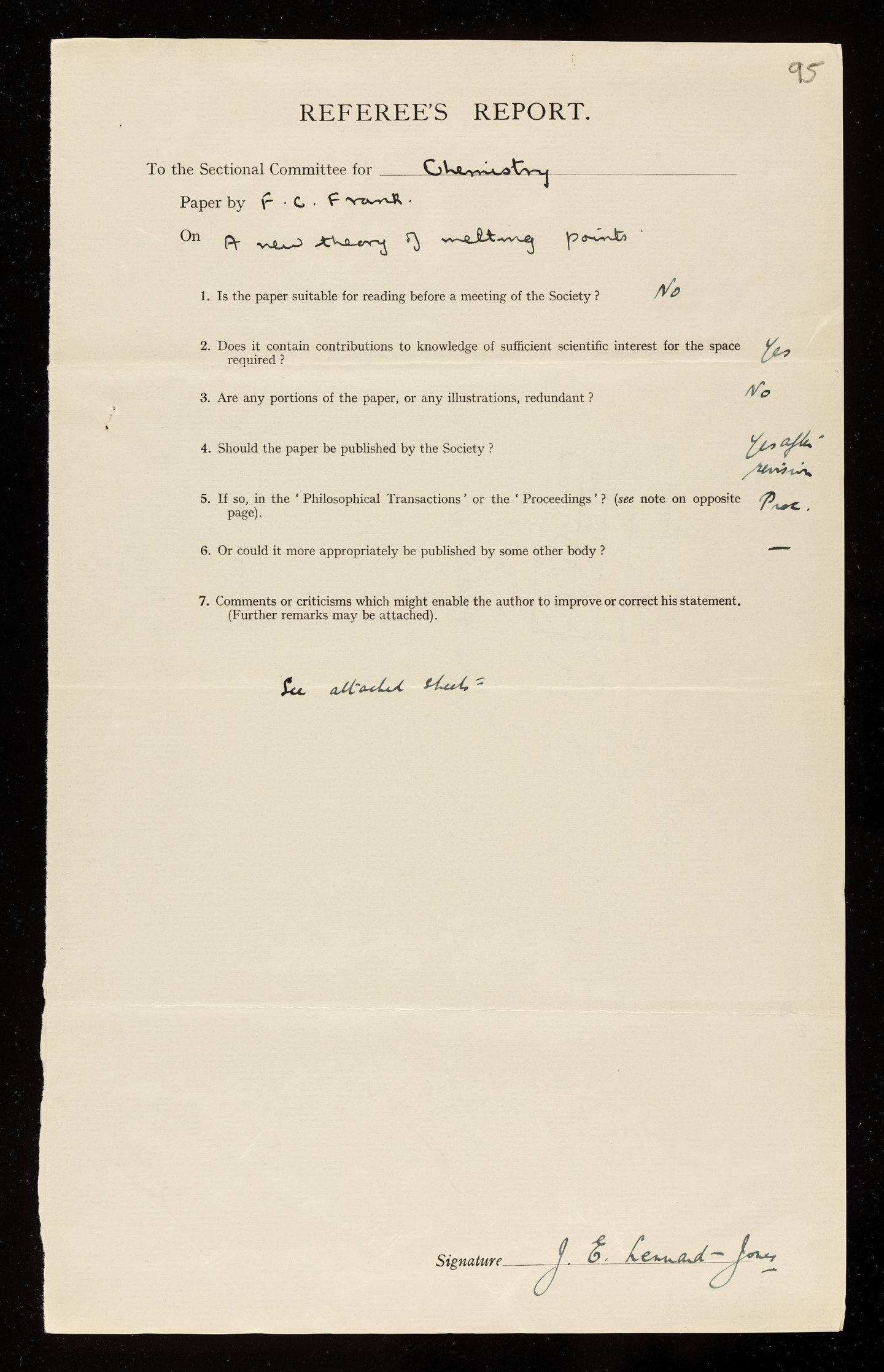 Referee's report by John Edward Lennard-Jones, on a paper 'A new theory of melting points' by F ...