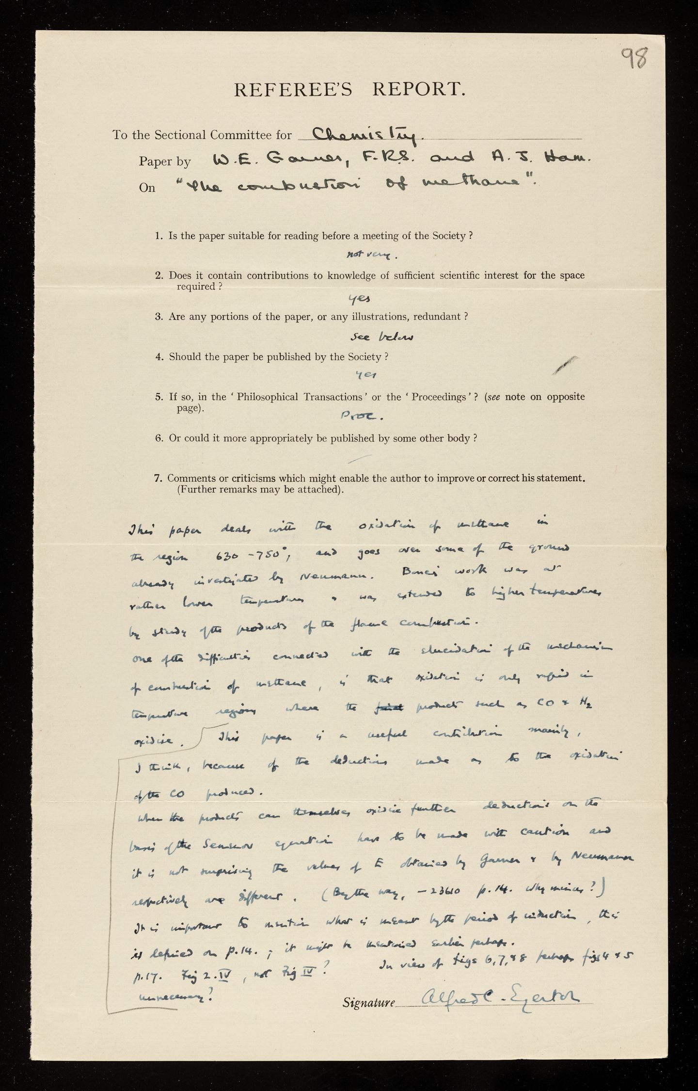 Referee's report by Alfred Charles Glyn Egerton, on a paper 'The ...