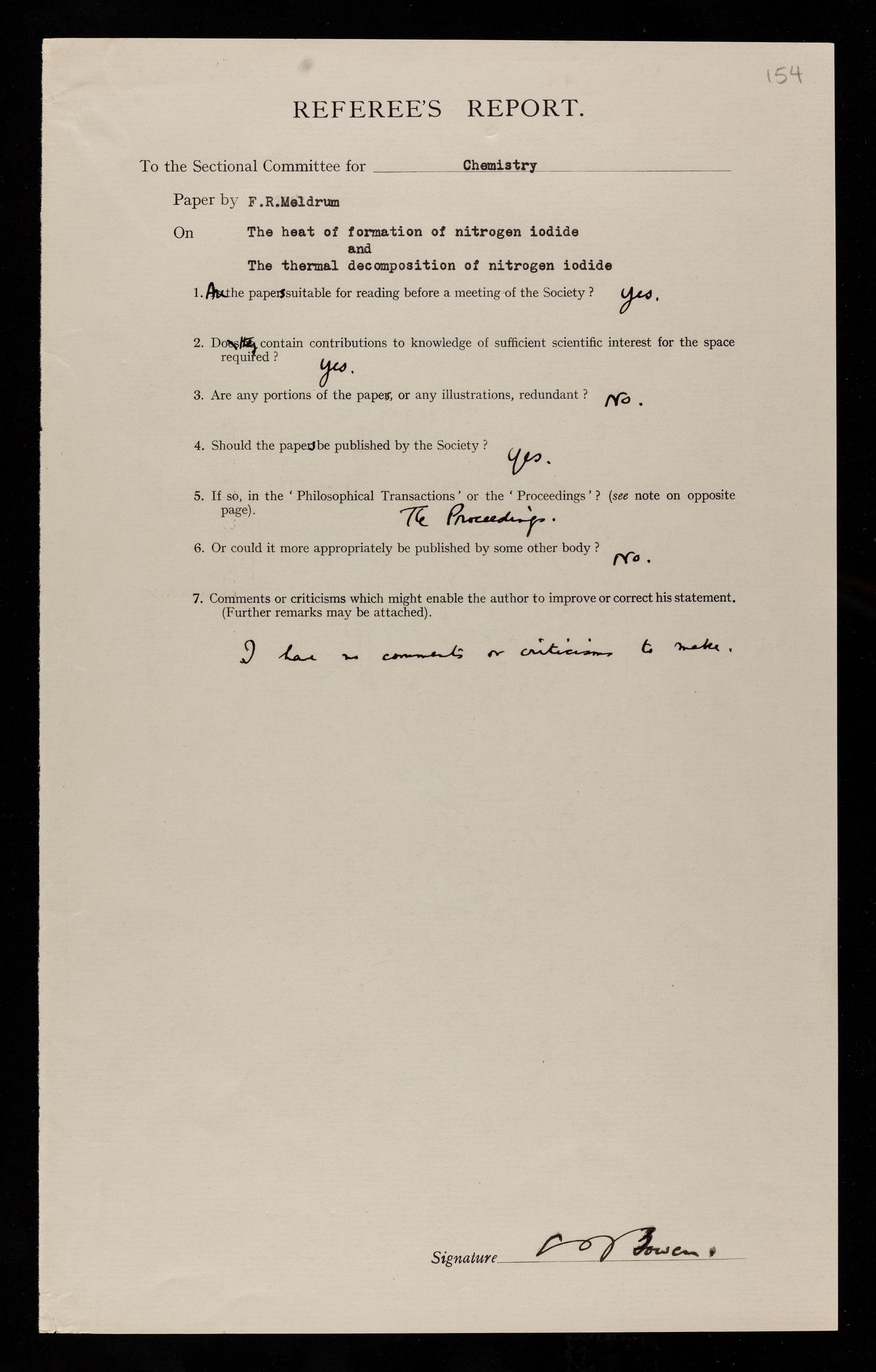 Referee's report by Edward George Bowen, on two papers 'The heat of ...