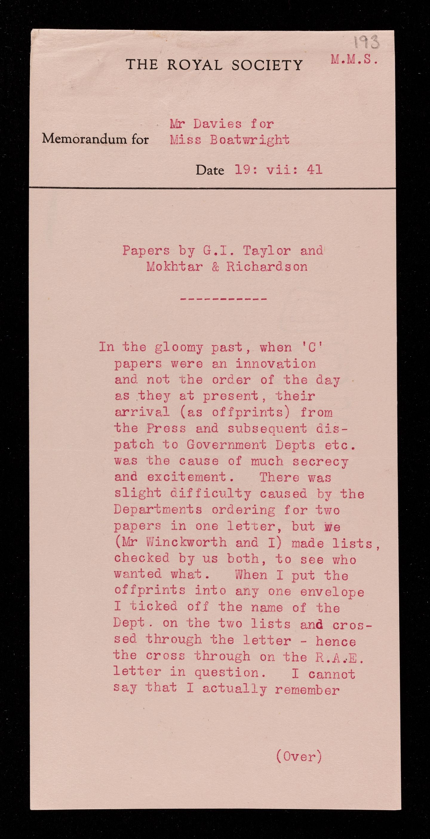 Memorandum for Mr Davies for Miss Boatwright, regarding two papers ...