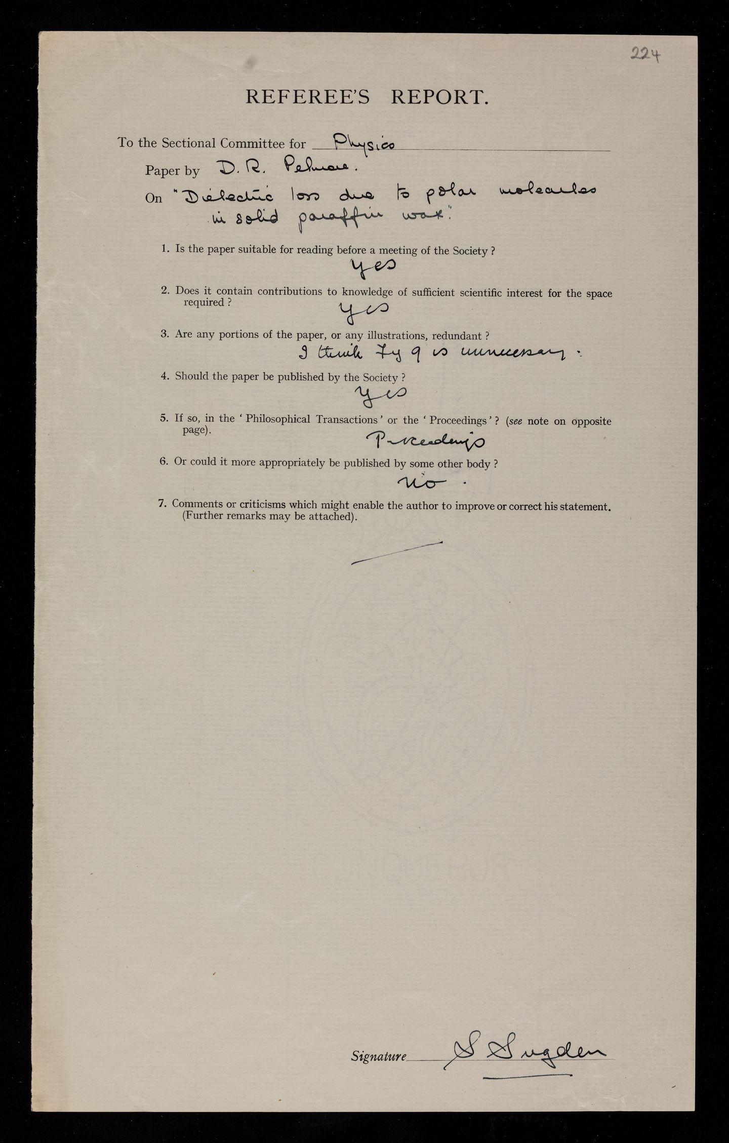 Referee's report by Samuel Sugden, on a paper 'Dielectric loss due to ...