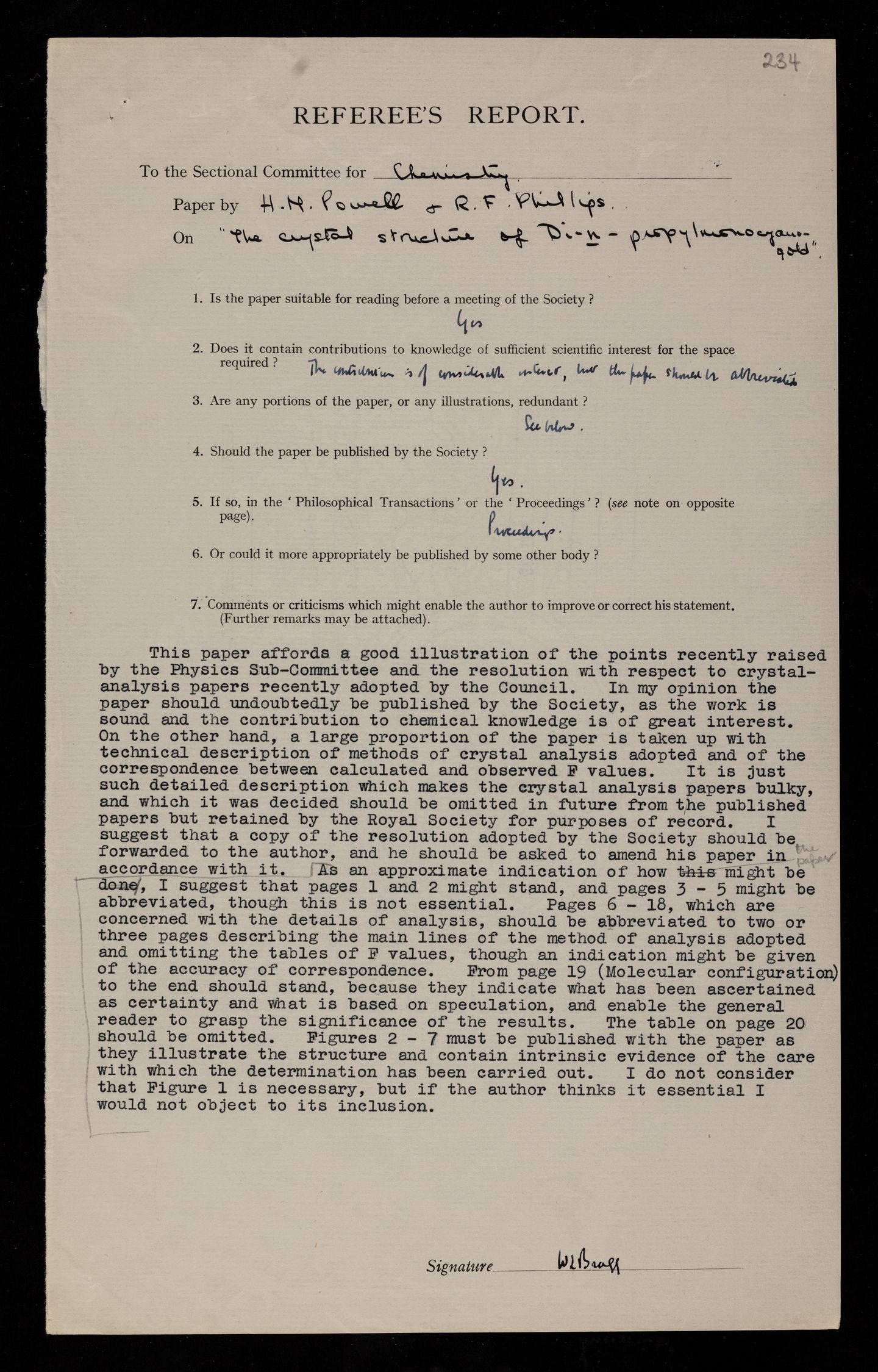 Referee's report by William Lawrence Bragg, on a paper 'The crystal structure of di-n ...