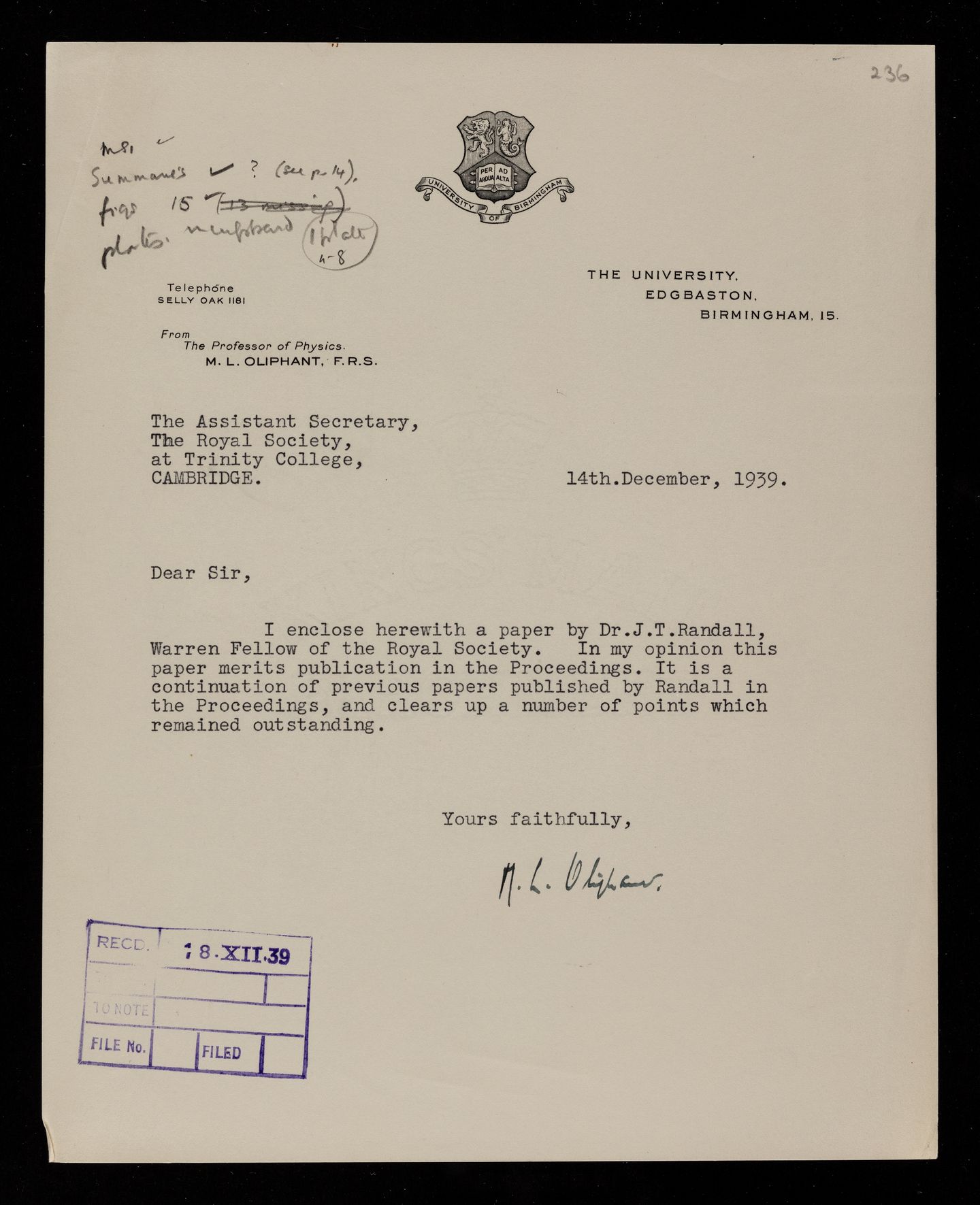 Letter from Marcus Laurence Elwin Oliphant, regarding a paper 'The ...