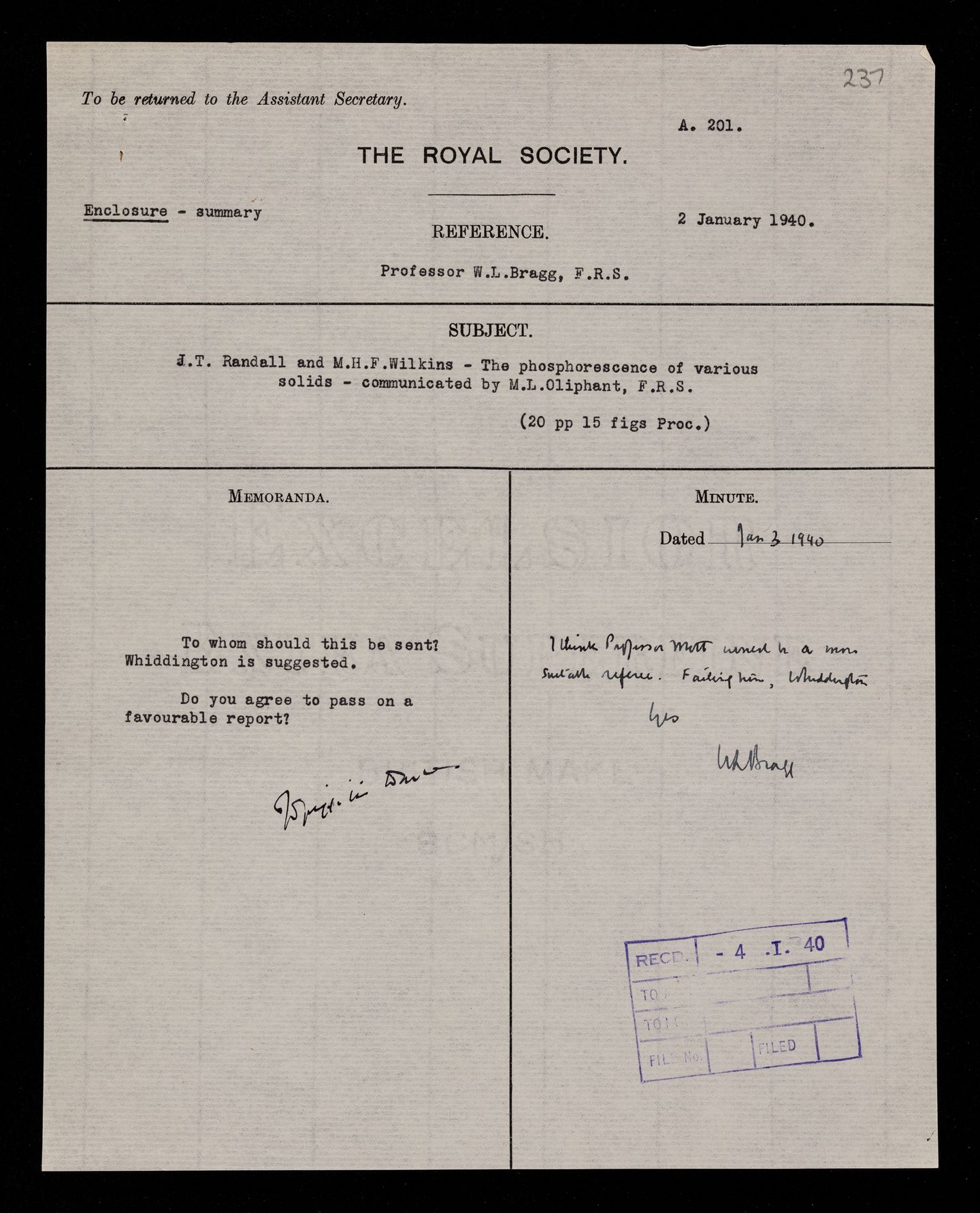 Memoranda, regarding a paper 'The phosphorescence of various solids' by ...
