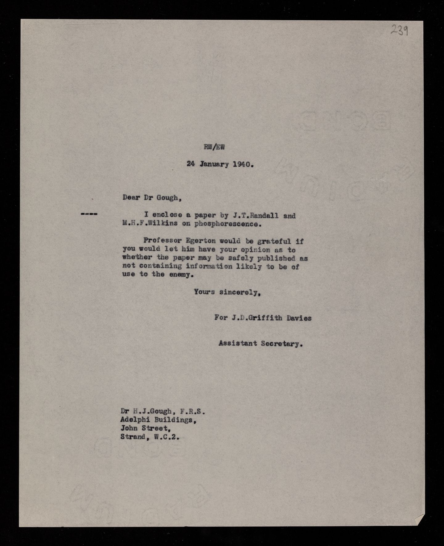 Letter from John David Griffith Davies, to Herbert John Gough ...
