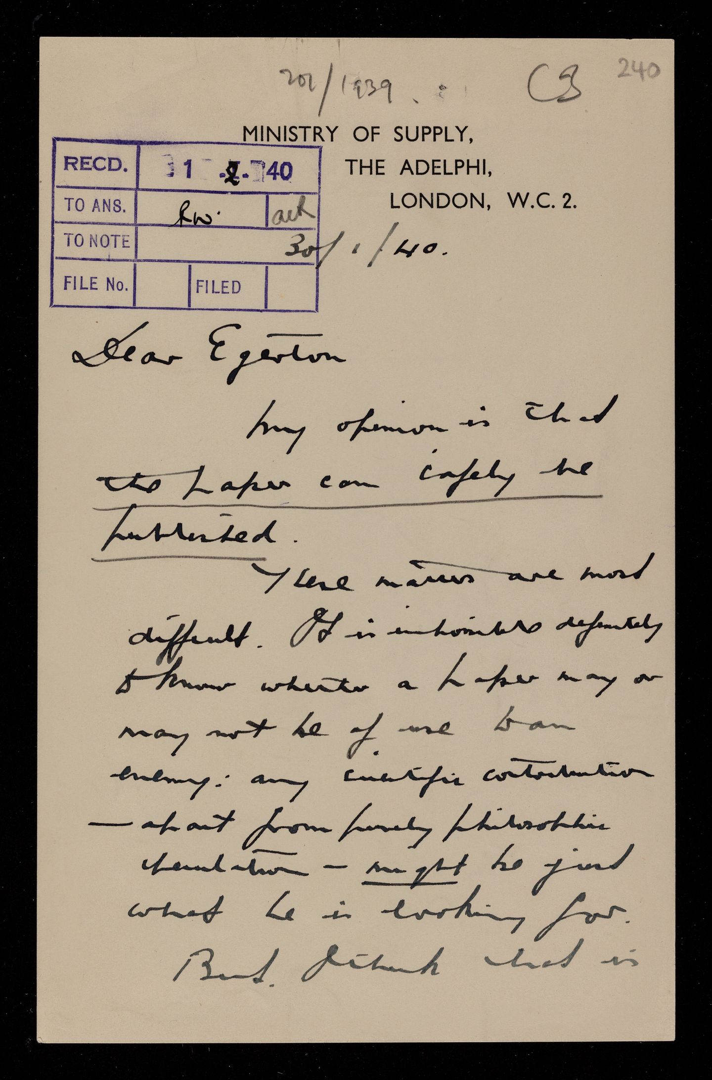 Letter from Herbert John Gough, to Alfred Charles Glyn Egerton ...