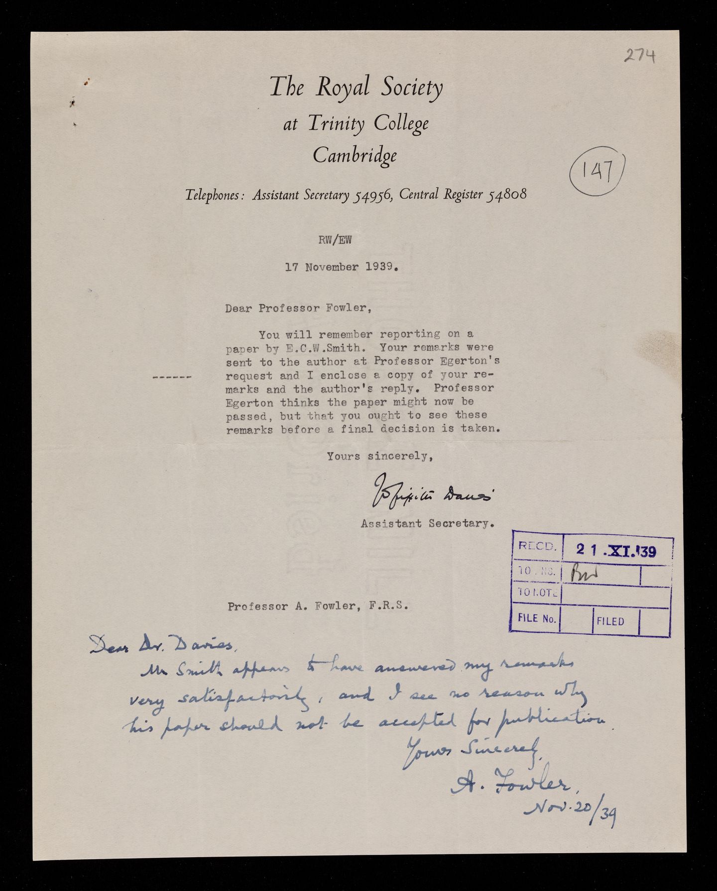 Letter from John David Griffith Davies, to Alfred Fowler, regarding a ...