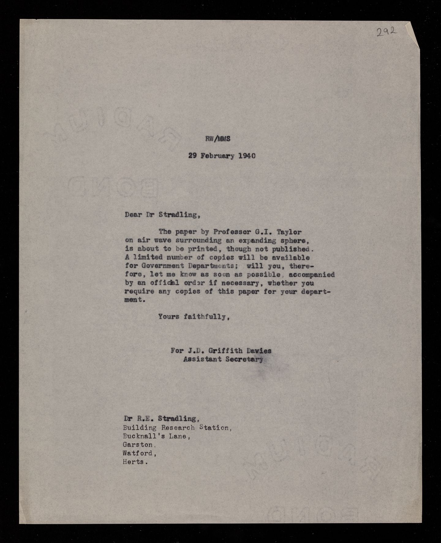 Letter from John David Griffith Davies, to Reginald Edward Stradling ...