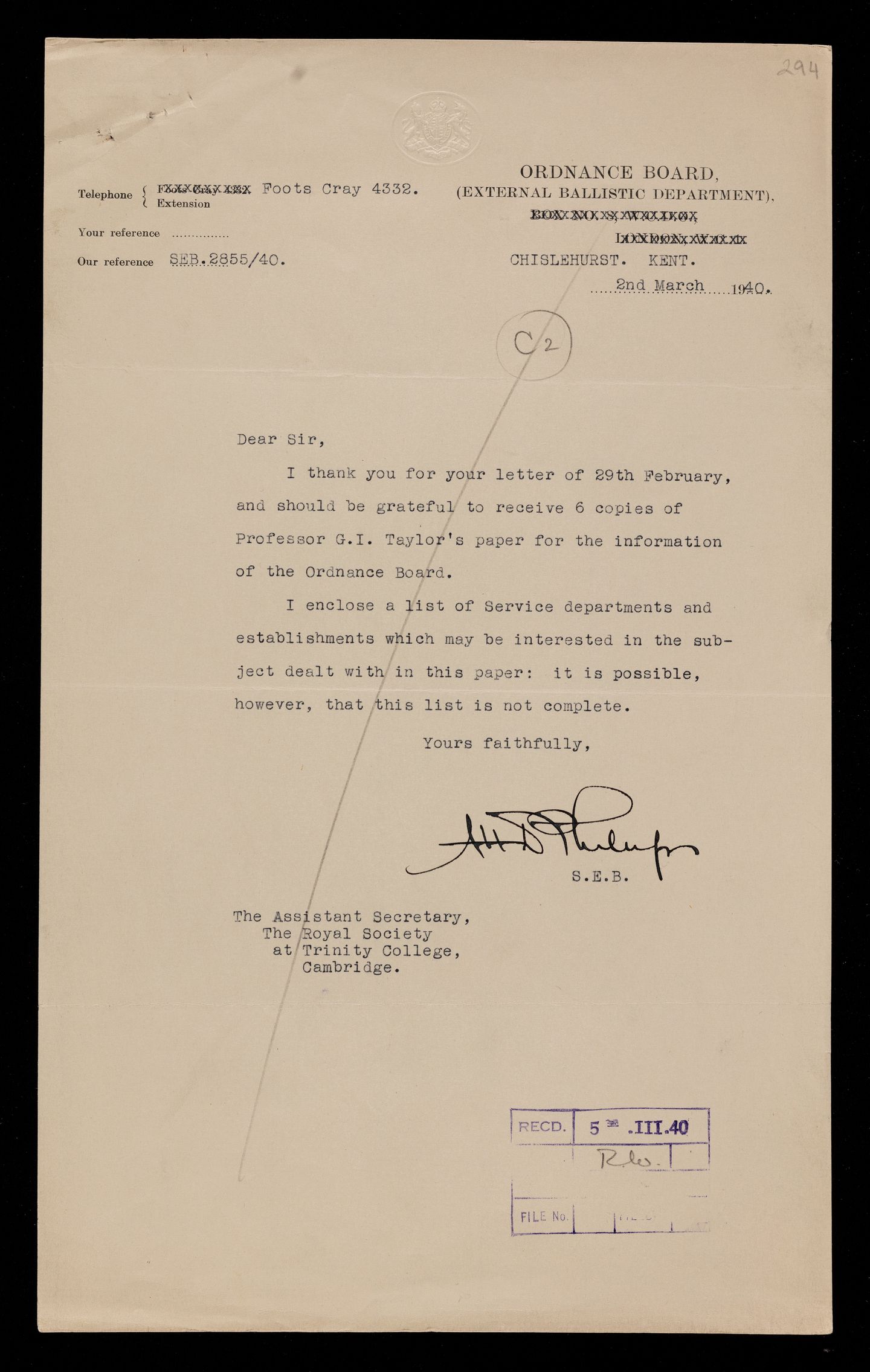 Letter from Colonel A H J Phillips, to John David Griffith Davies ...