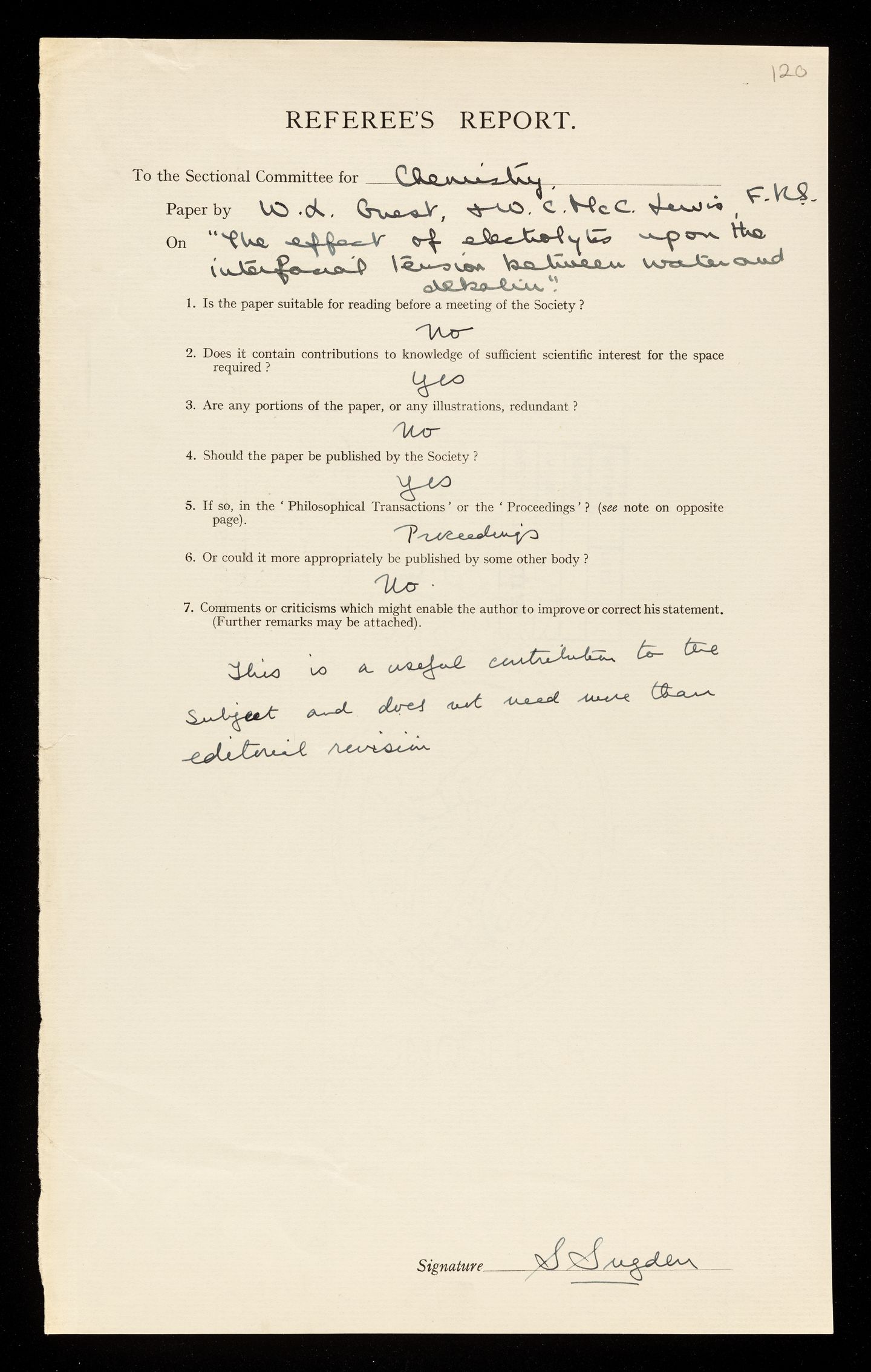 Referee's report by Samuel Sugden, on a paper 'The effect of ...