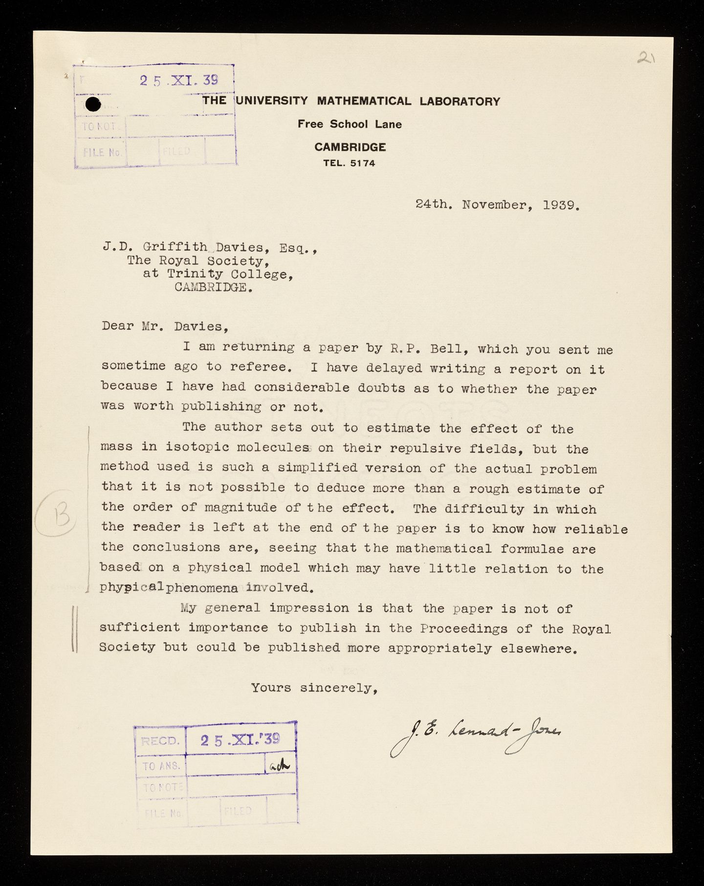 Referee's report by John Edward Lennard-Jones, on a paper 'The replusive forces between isotopic ...