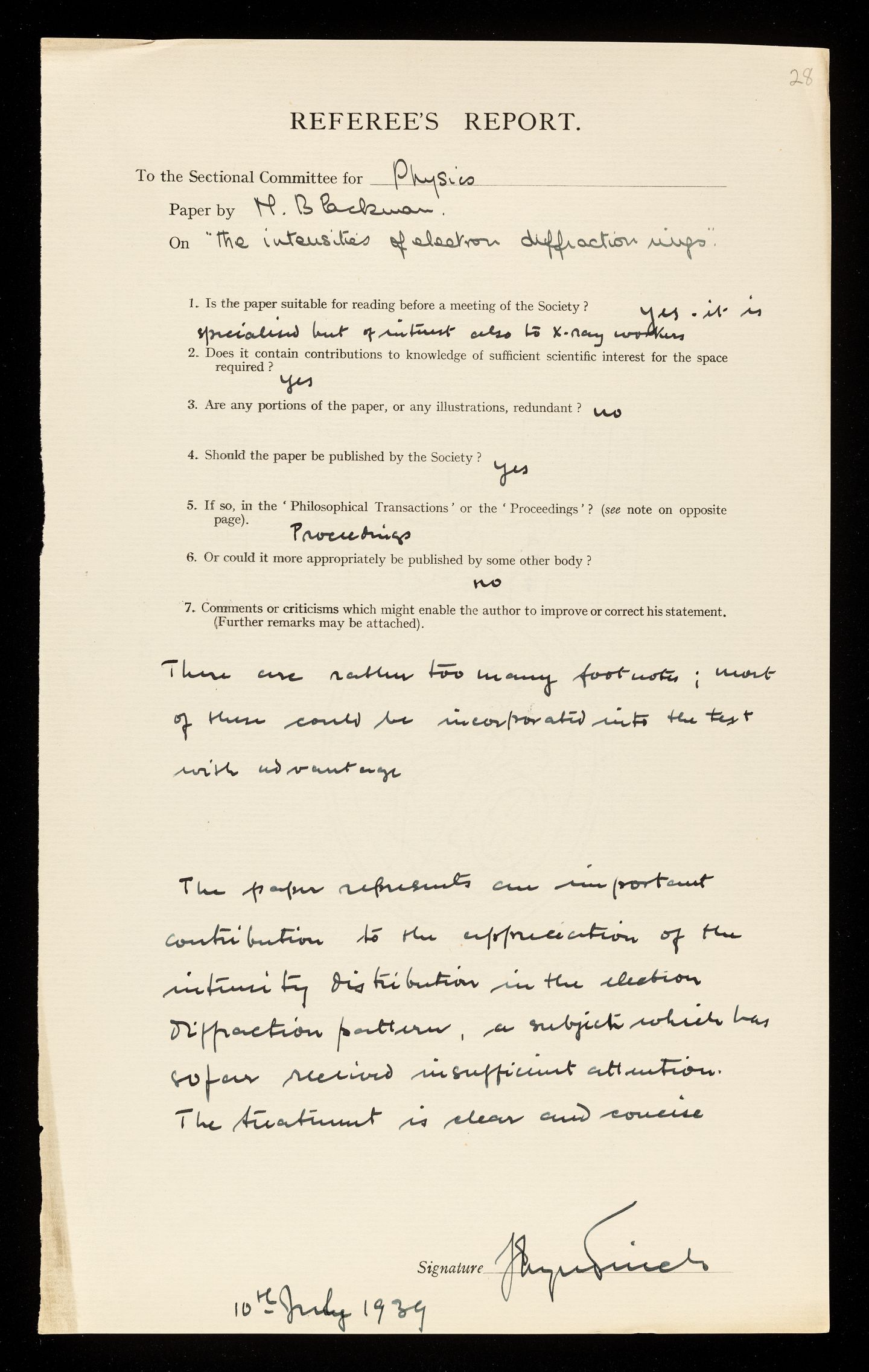 Referee's report by George Ingle Finch, on a paper 'On the intensities of electron diffraction ...