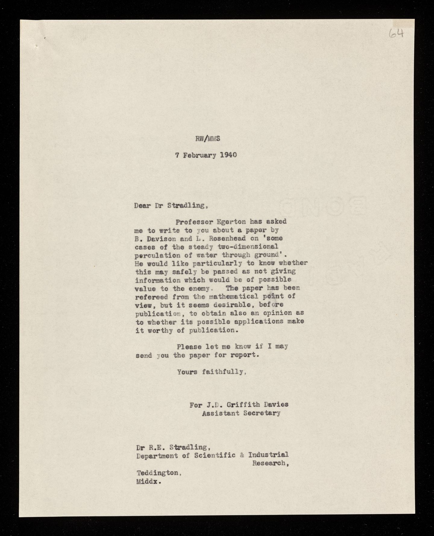 Letter from John David Griffith Davies, to Reginald Edward Stradling ...