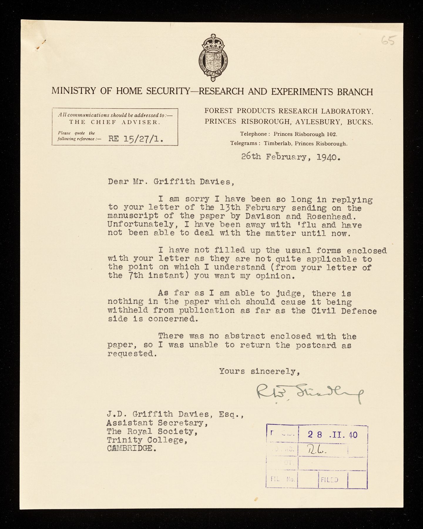 Letter from Reginald Edward Stradling, to John David Griffith Davies ...
