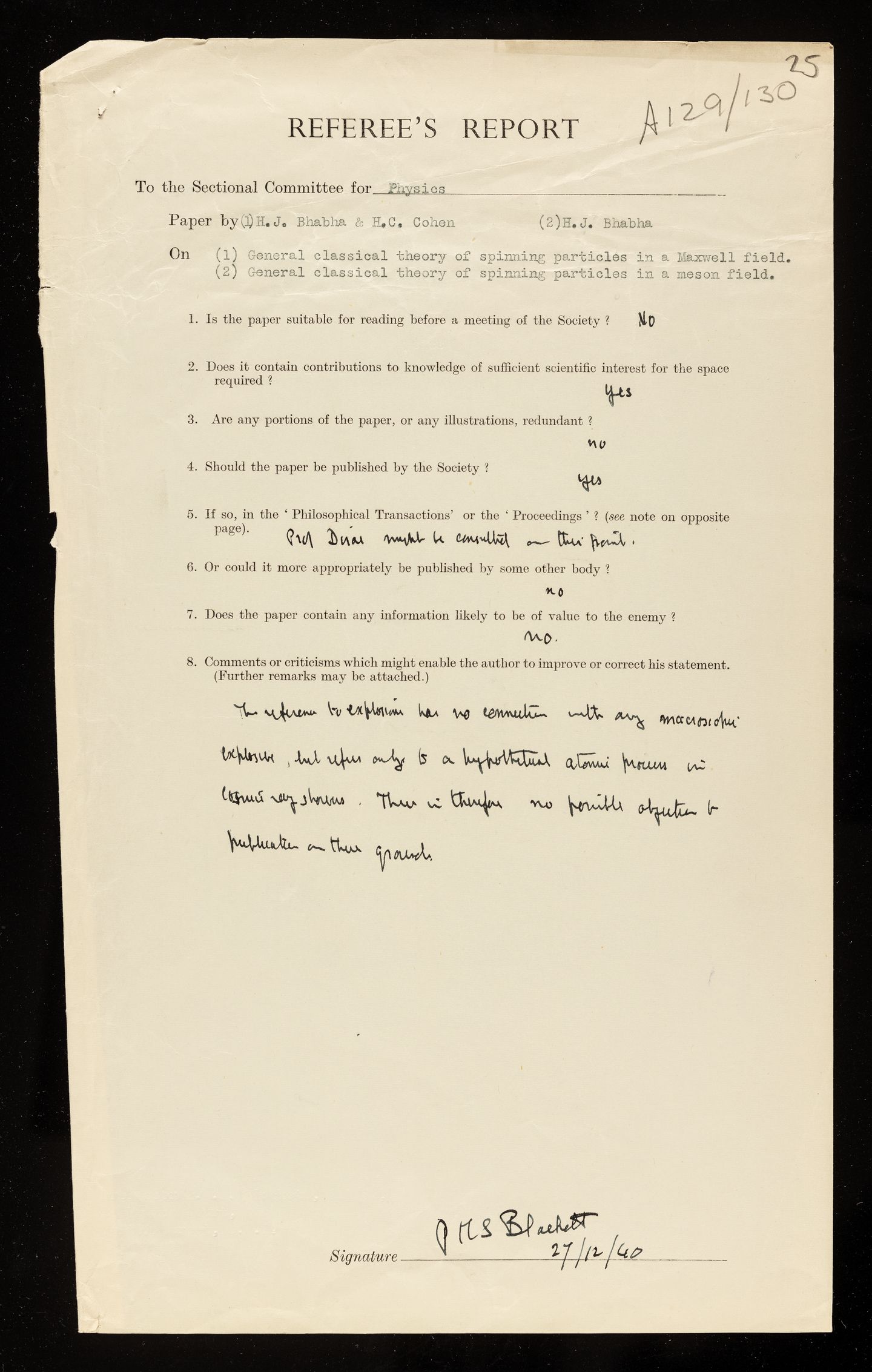 Referee's report by Patrick Maynard Stuart Blackett, on two papers ...