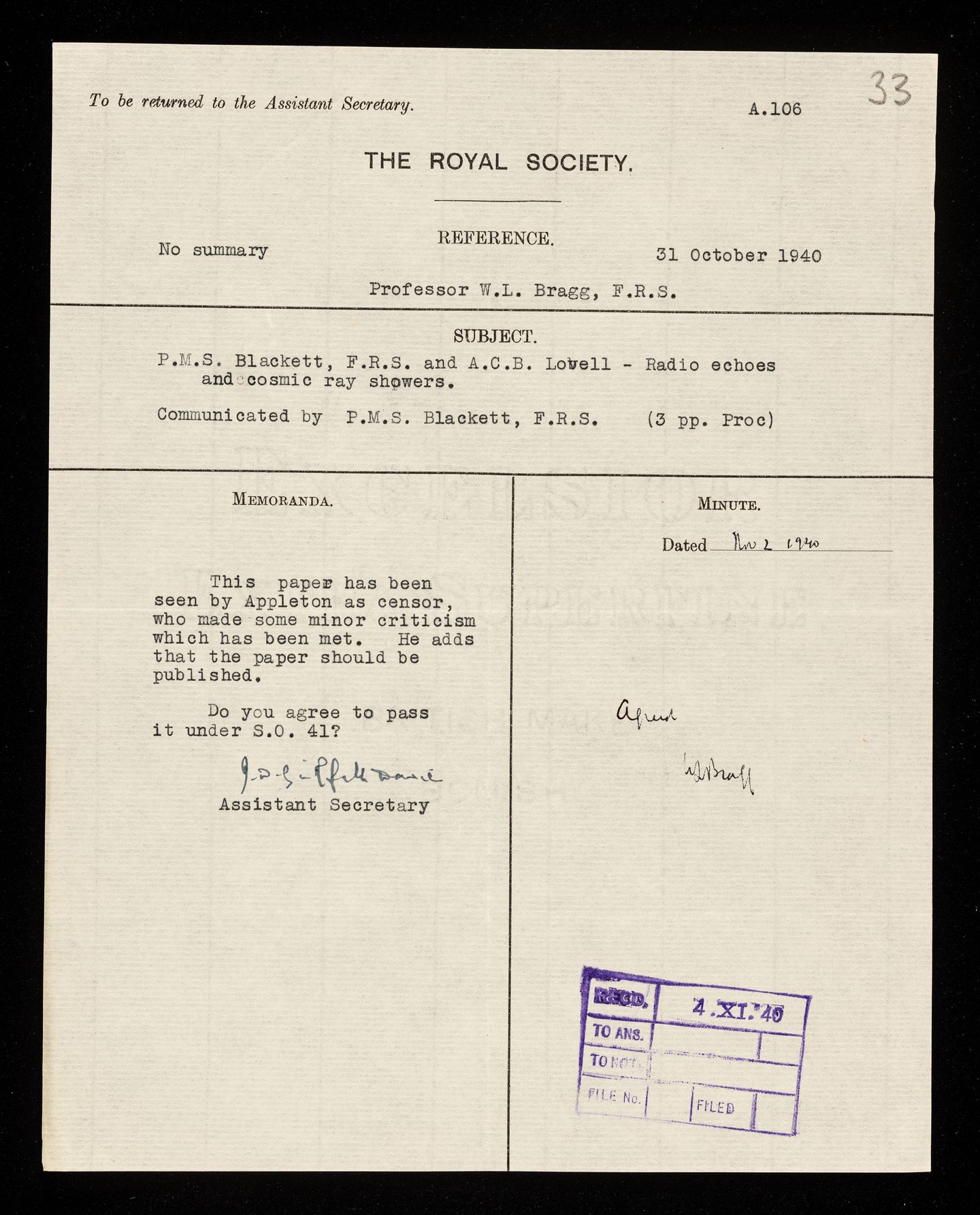 Memorandum by J D Griffith Davies, Assistant Secretary of the Royal ...