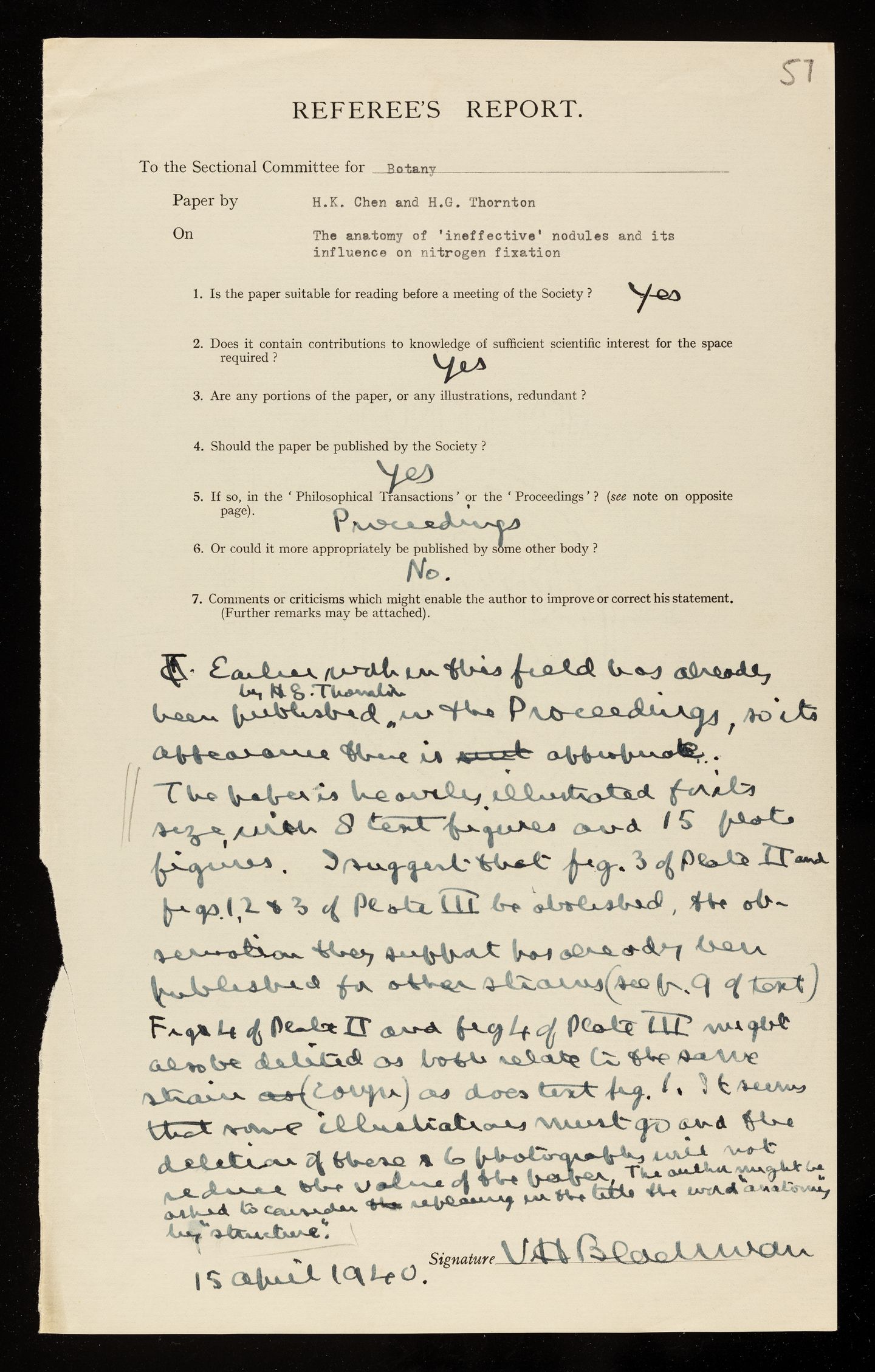 Referee's report by Vernon Herbert Blackman, on a paper 'The structure of ‘ineffective’ nodules ...