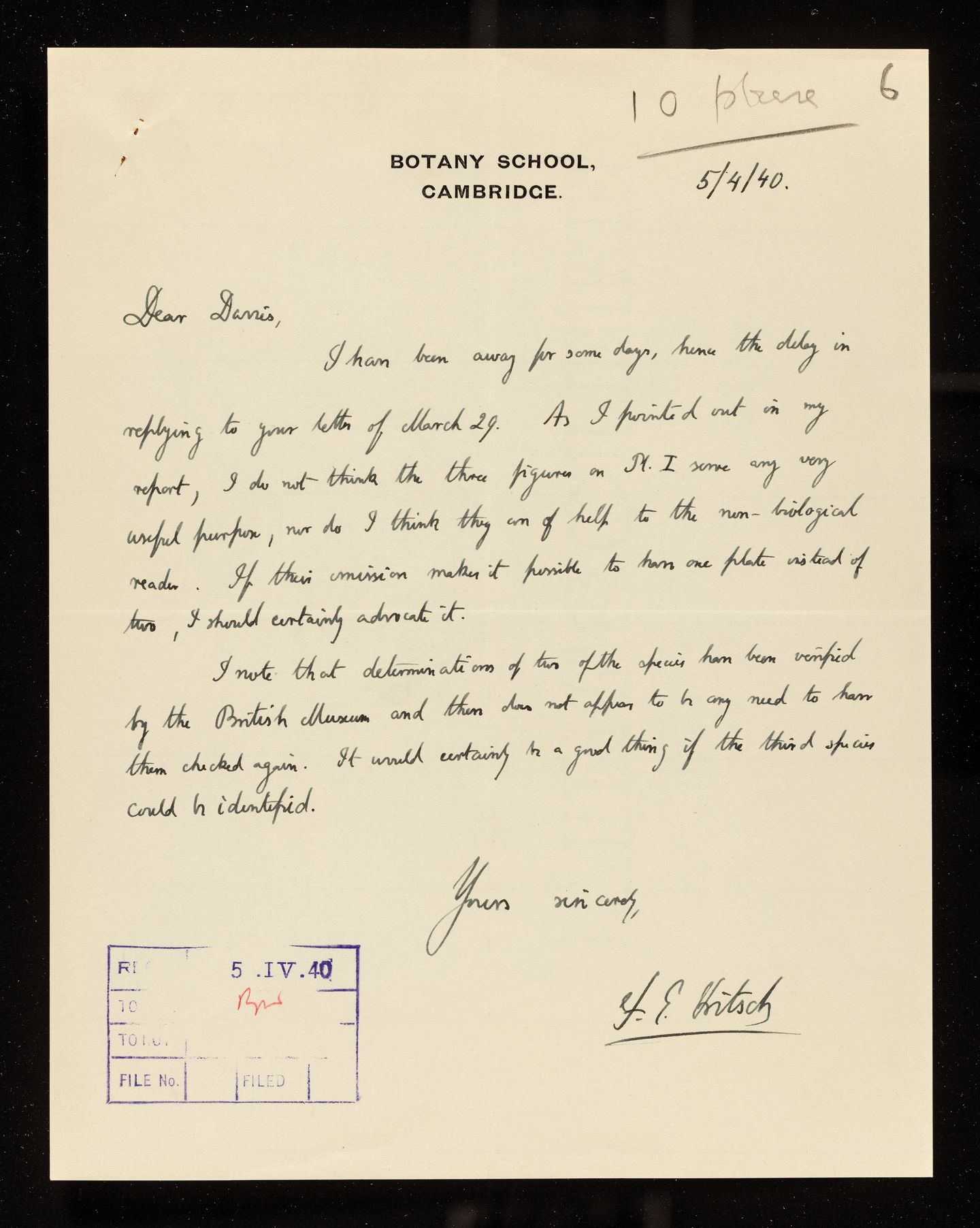 Letter from Felix Eugen Fritsch, on a paper 'The structure of the cell ...