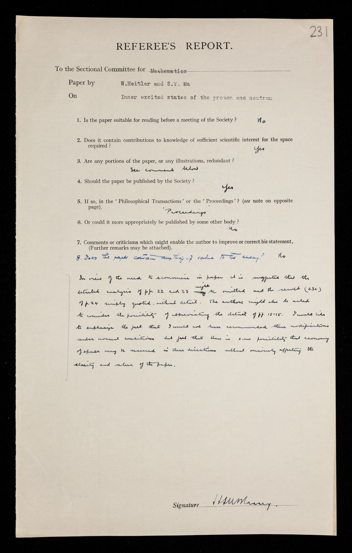 Referee's report by Harrie Stewart Wilson Massey, on a paper 'Inner ...