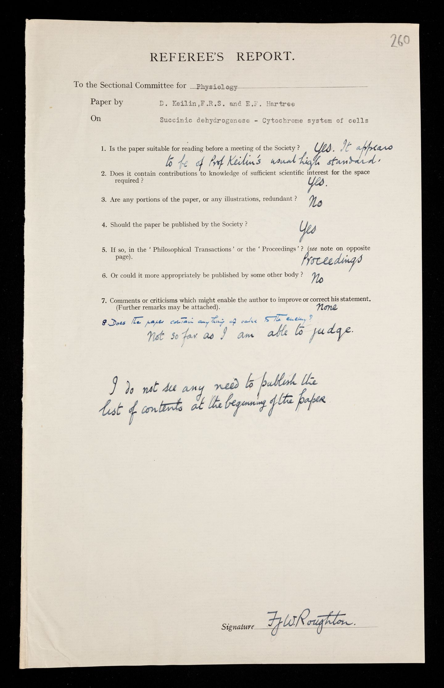 Referee's report by Francis John Worsley Roughton, on a paper 'Succinic ...