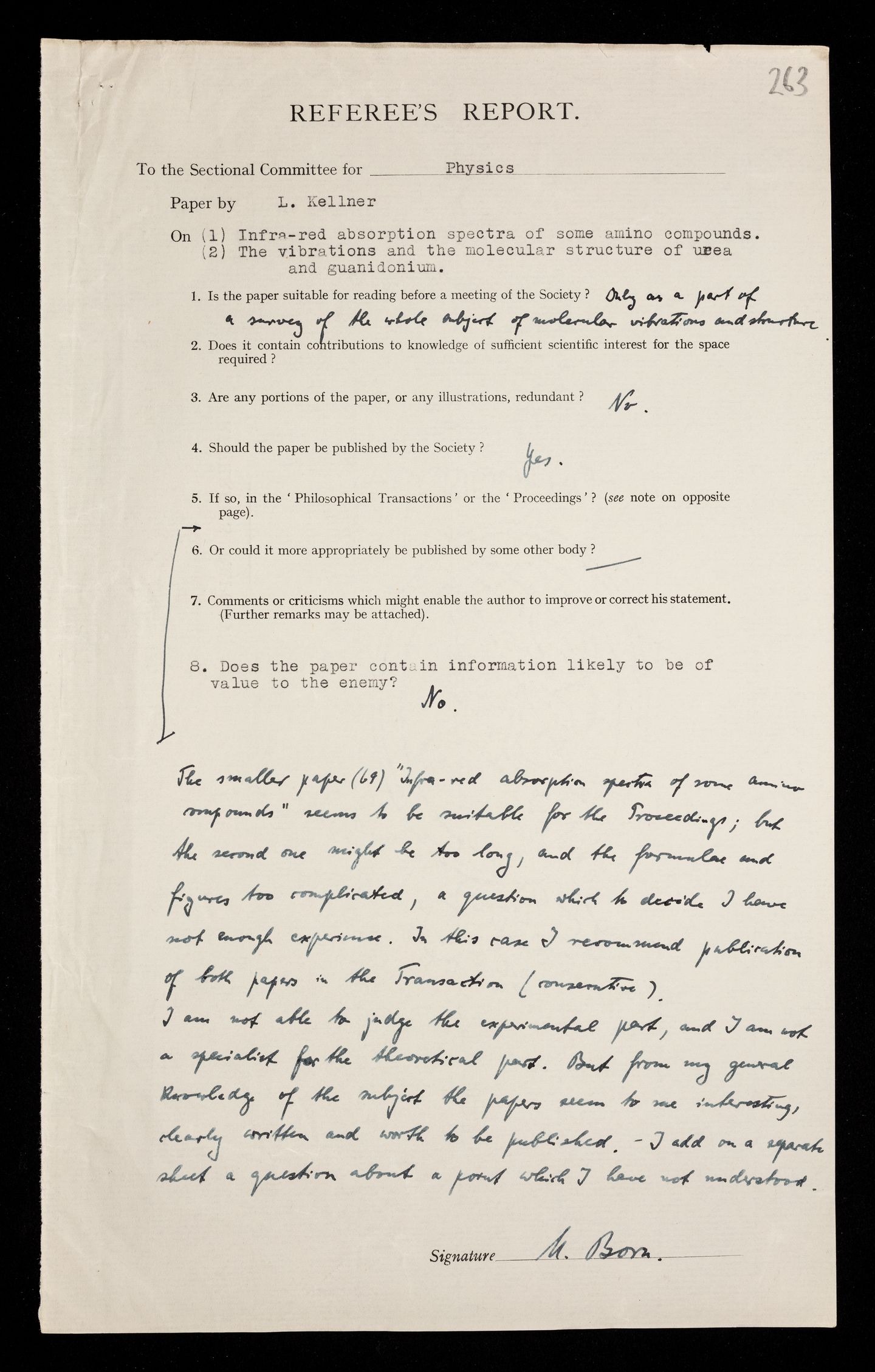 Referee's report by Max Born, on two papers 'Infra-red absorption ...