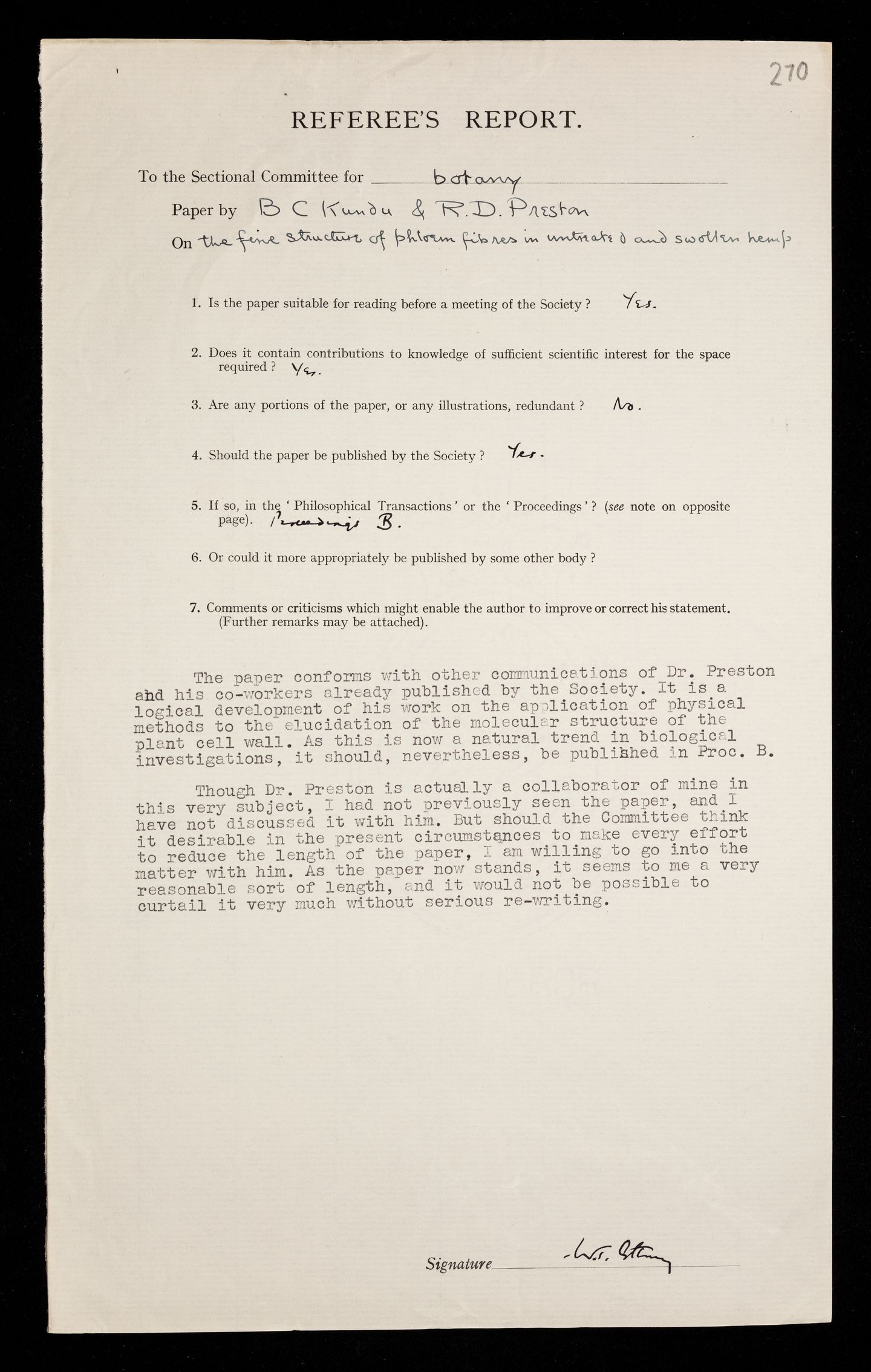 Referee's report by William Thomas Astbury, on a paper 'The fine ...