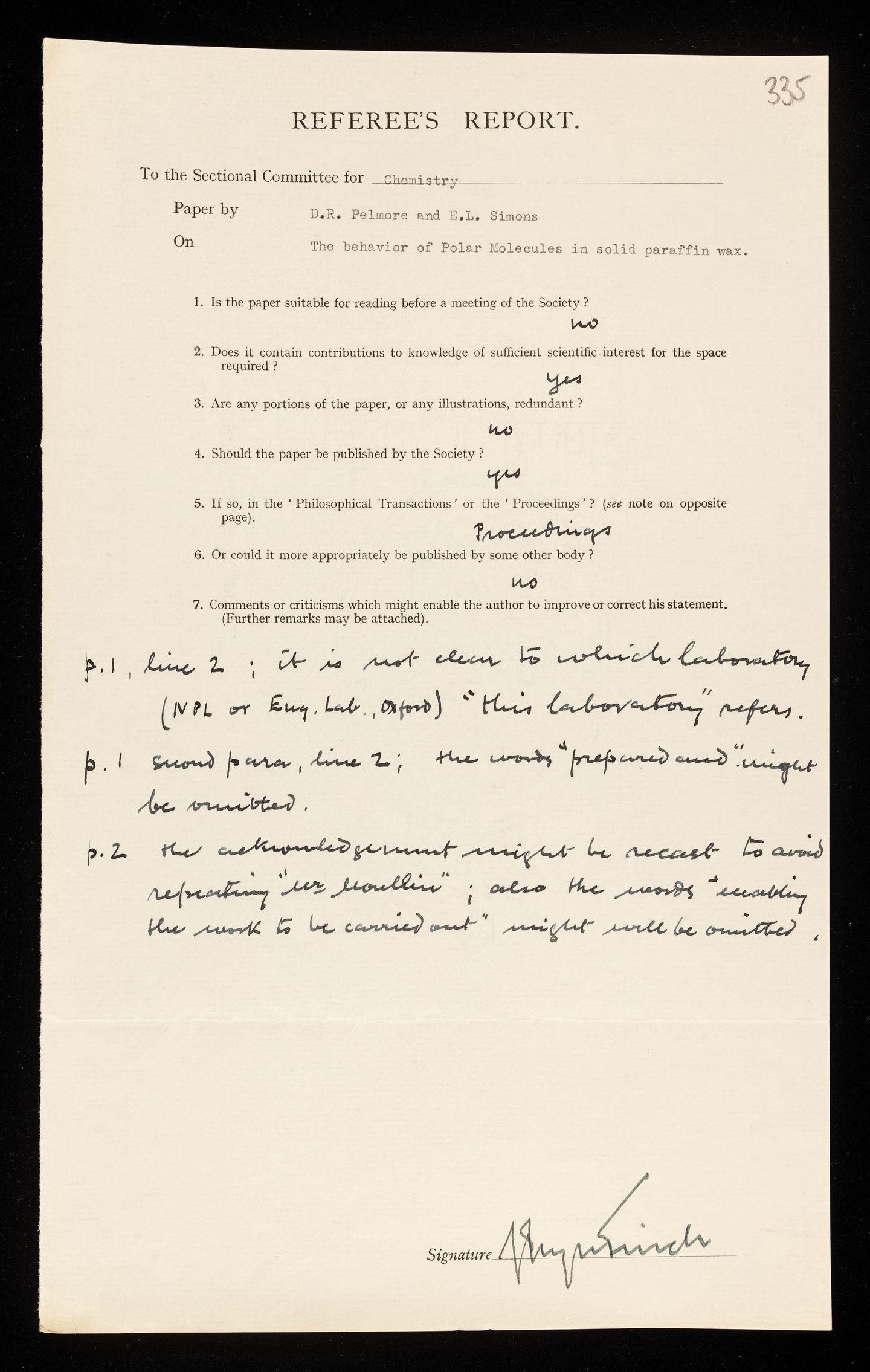 Referee's report by George Ingle Finch, on a paper 'The behaviour of ...