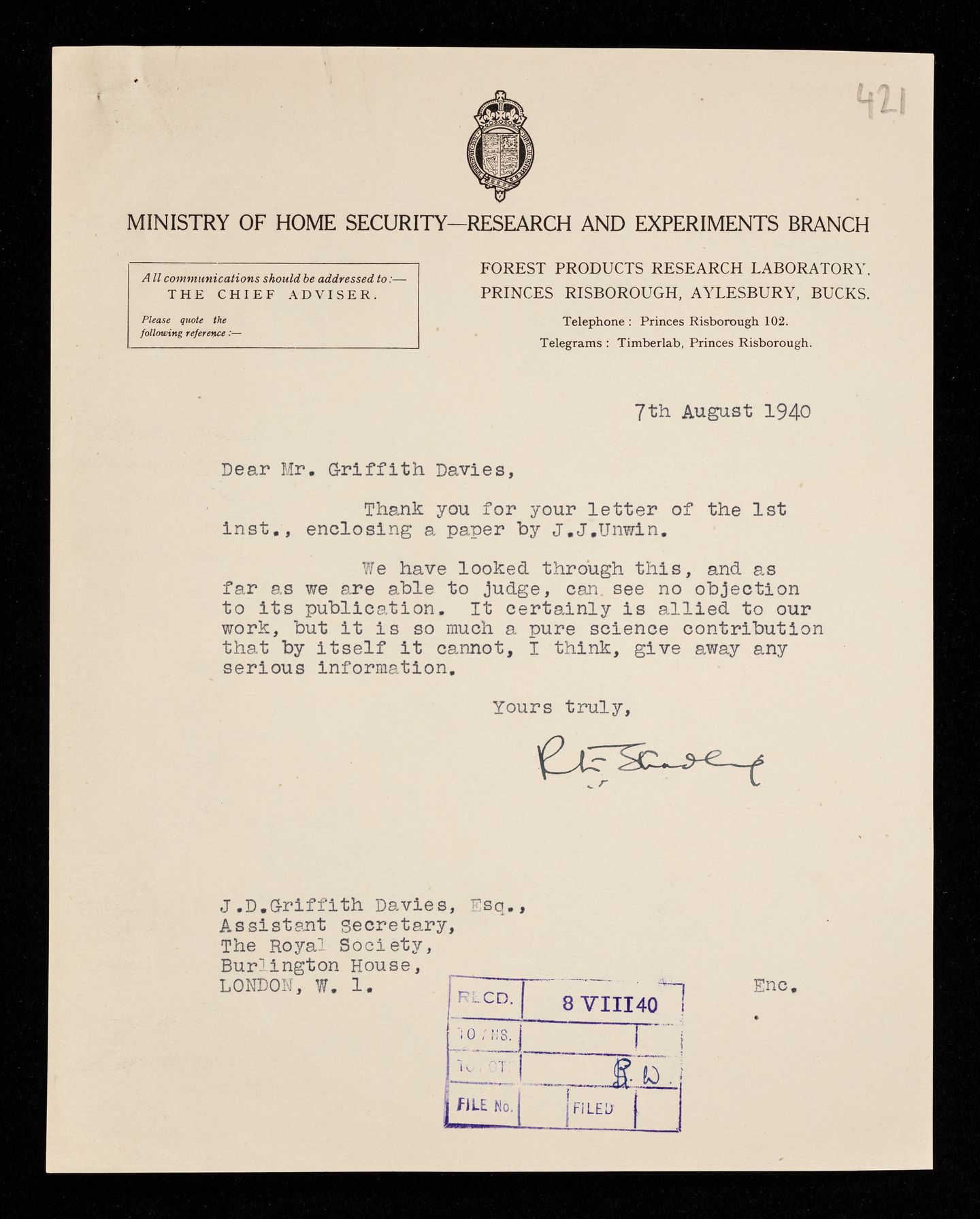 Letter from Reginald Edward Stradling, Ministry of Home Security on a ...