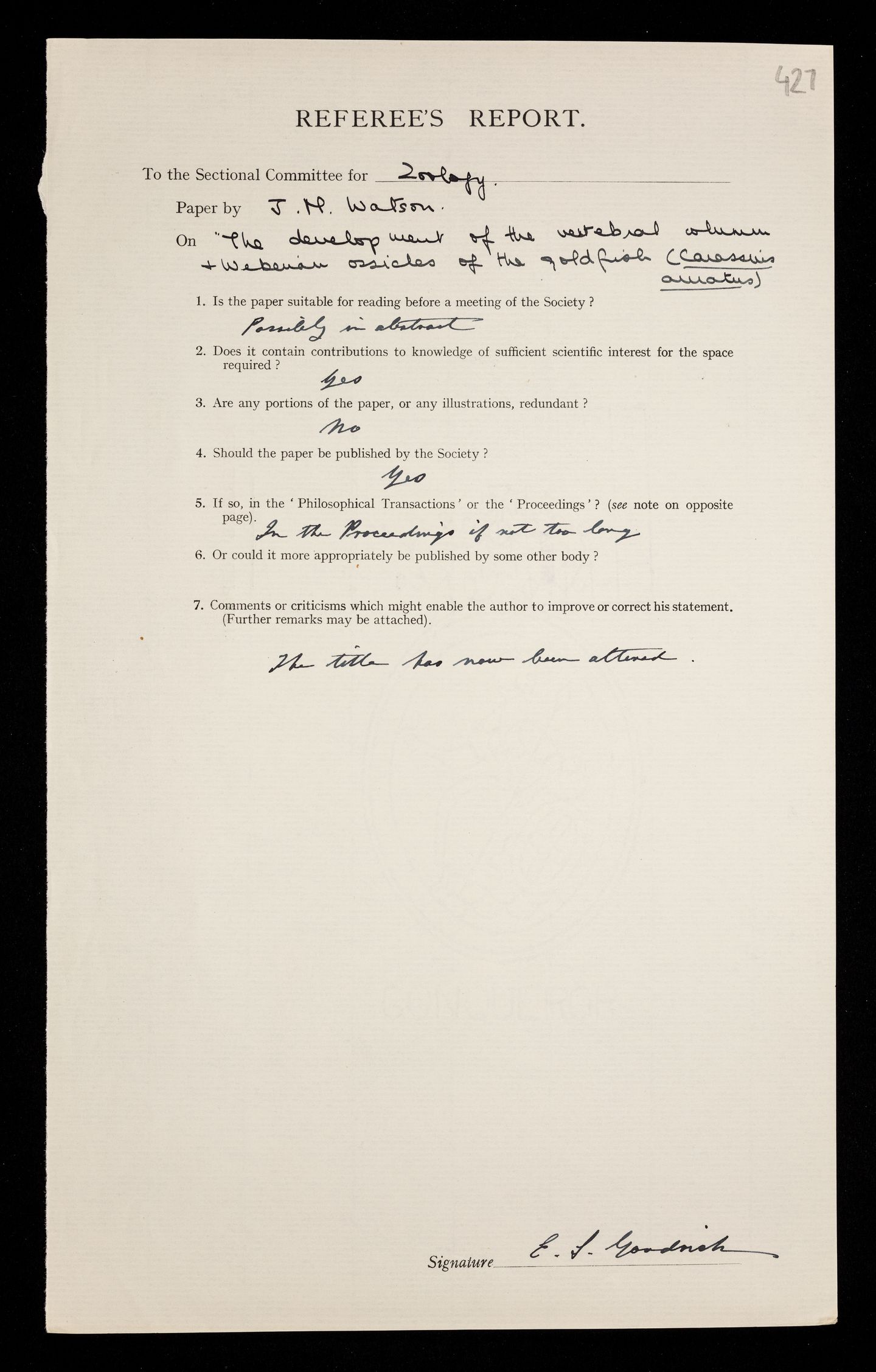 Second referee's report by Edwin Stephen Goodrich, on a paper 'The ...