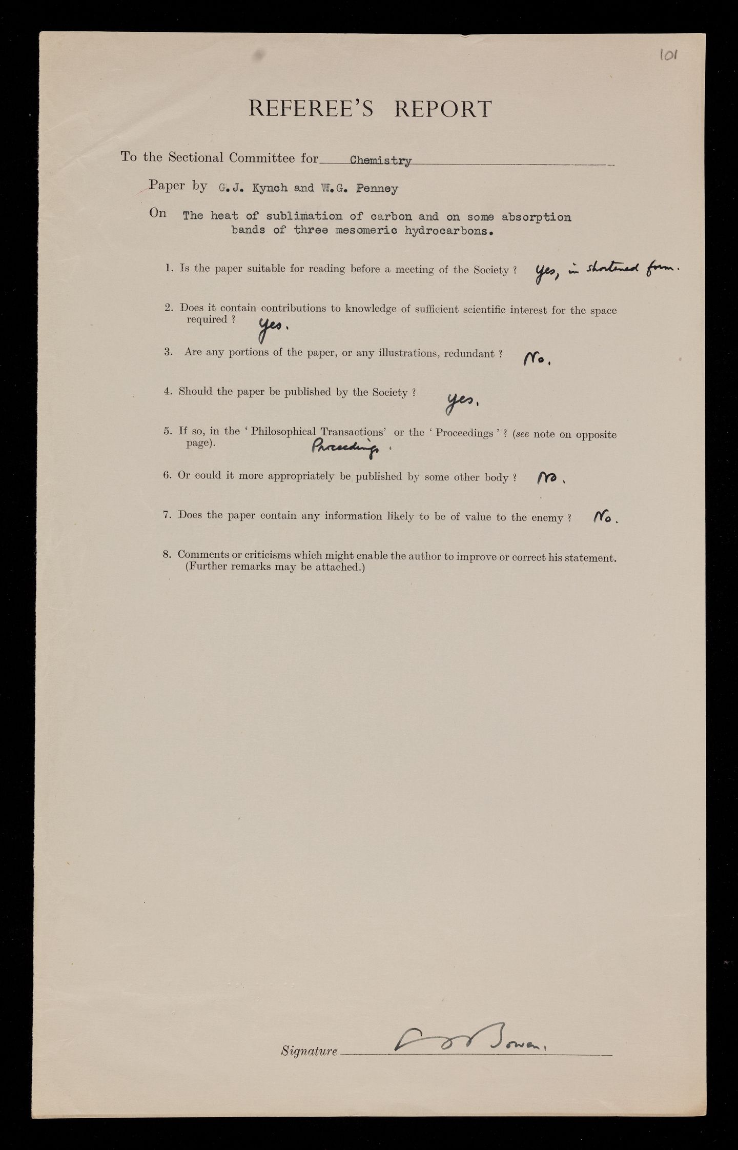 Referee's report by Edward George Bowen, on a paper 'On the heat of ...