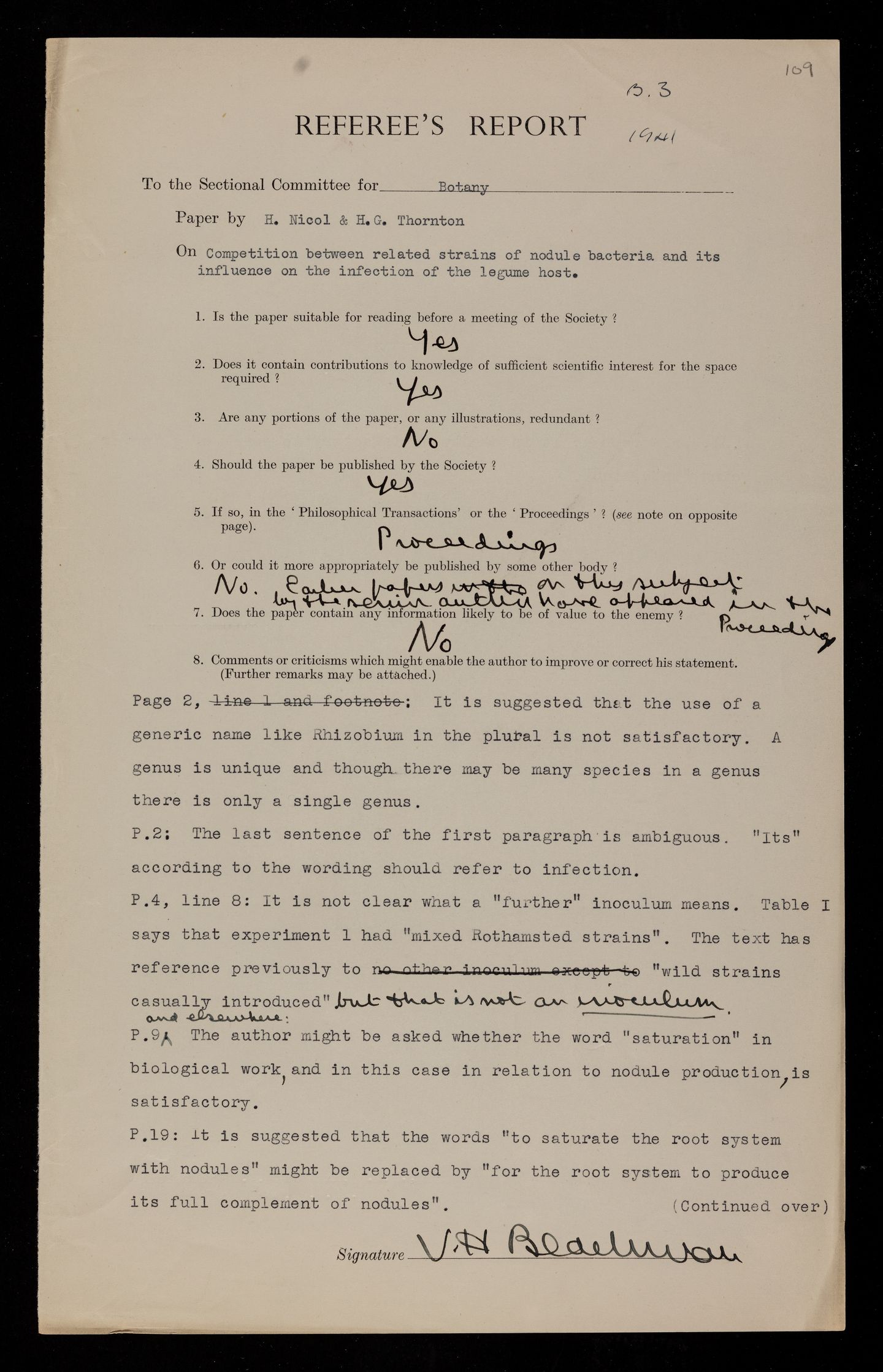 Referee's report by Vernon Herbert Blackman, on a paper 'Competition between related strains of ...