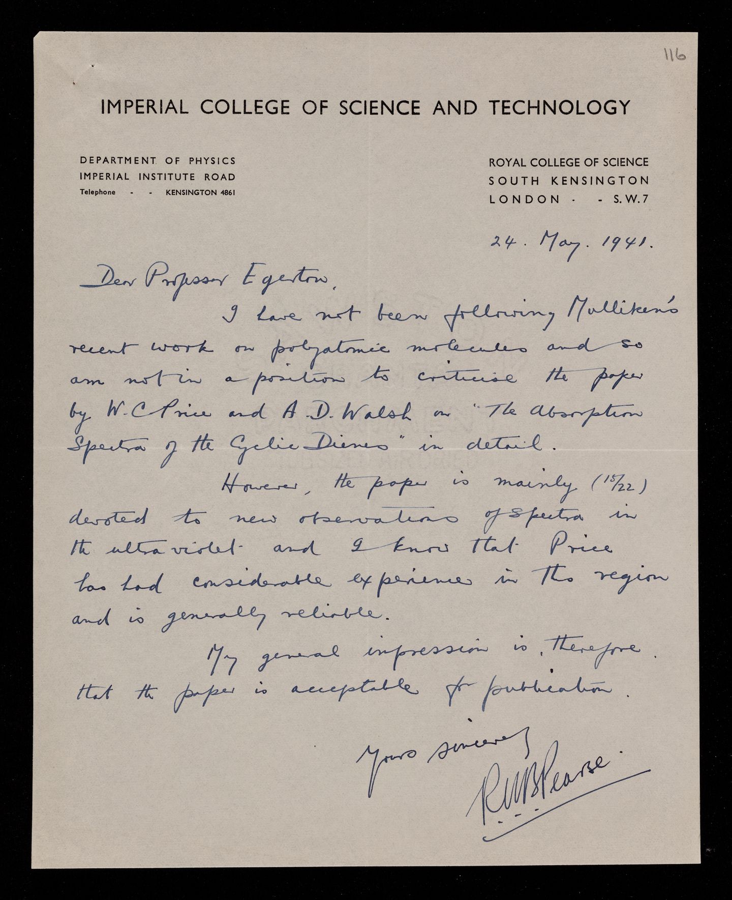 Letter from R M B Pearse, to Alfred Charles Glyn Egerton, regarding a paper 'The absorption ...