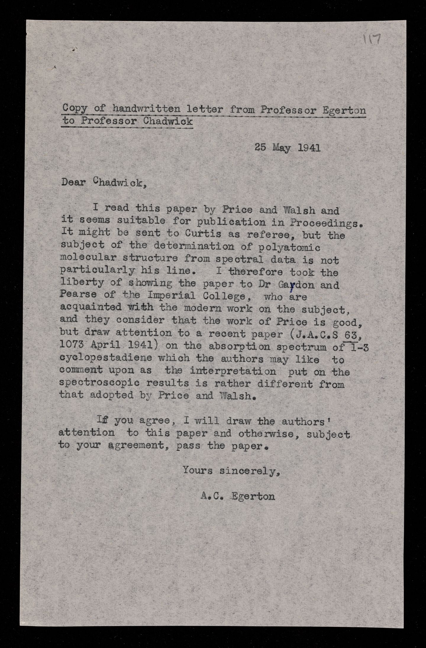 Letter from Alfred Charles Glyn Egerton, to James Chadwick, regarding a ...