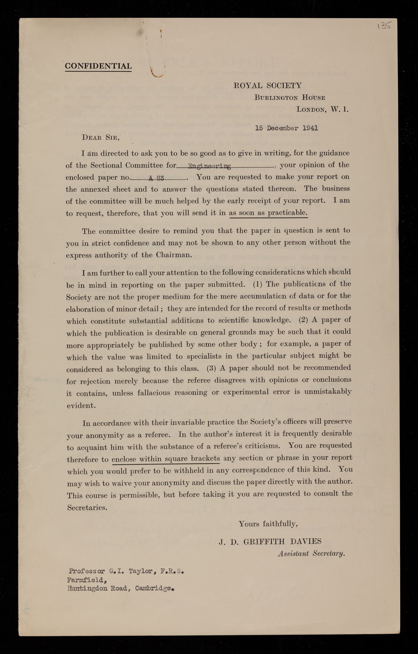 Referee's report by Geoffrey Ingram Taylor, on three papers 'Two-dimensional boundary-value ...