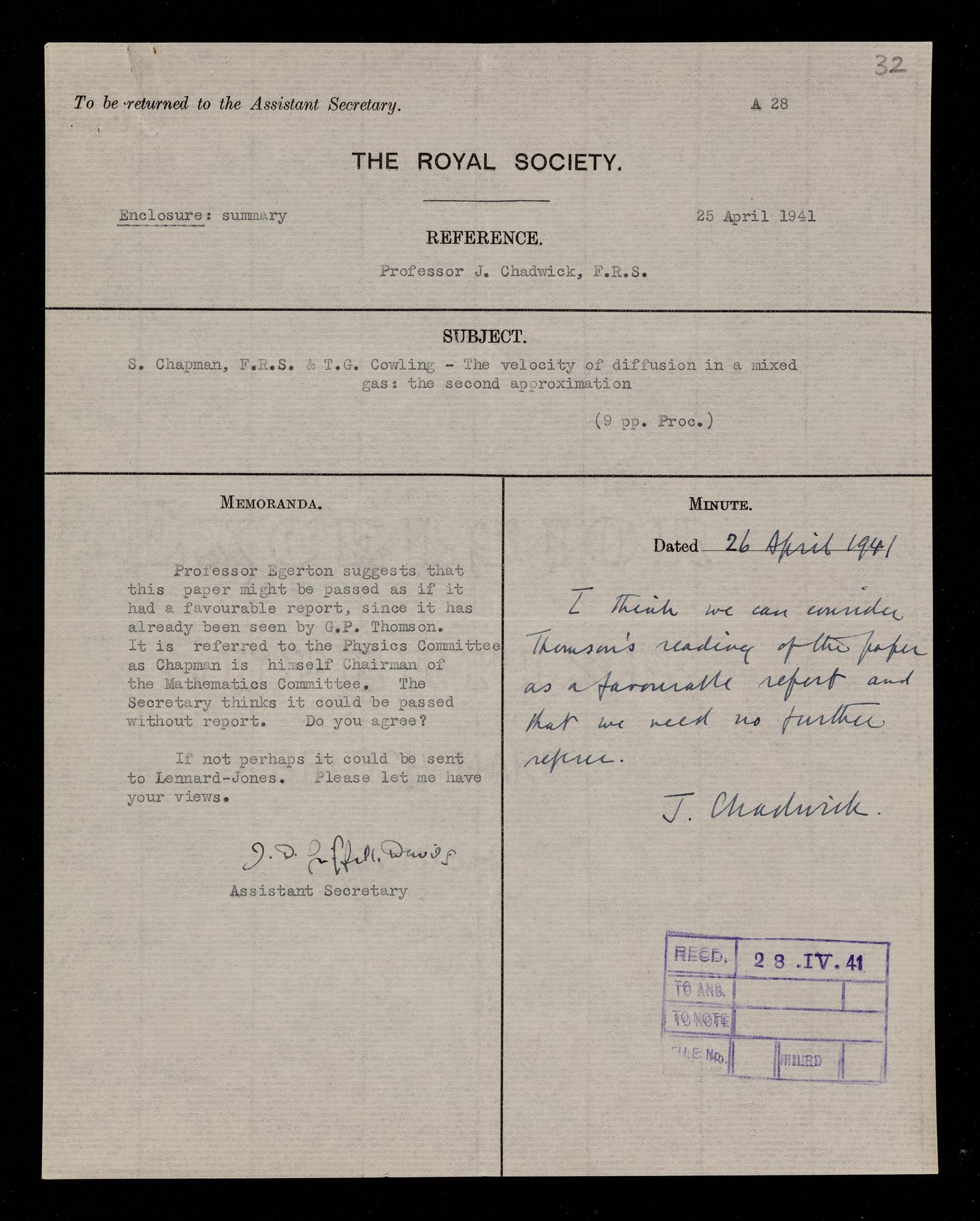 Memoranda, on a paper 'The velocity of diffusion in a mixed gas; the ...