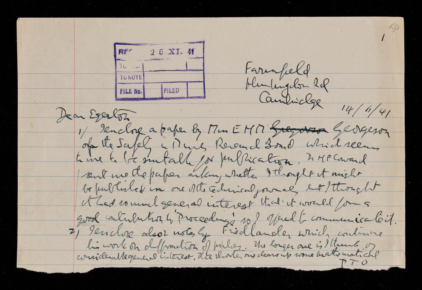 Letter from Geoffrey Ingram Taylor, to Alfred Charles Glyn Egerton ...